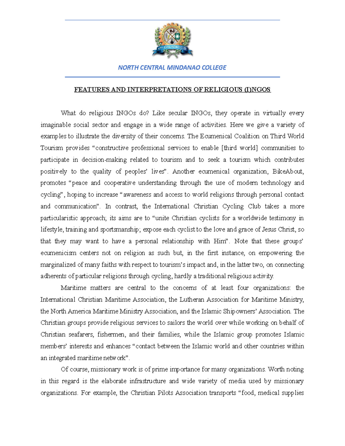 Features AND Interpretations OF Religious (I)NGOS - FEATURES AND ...