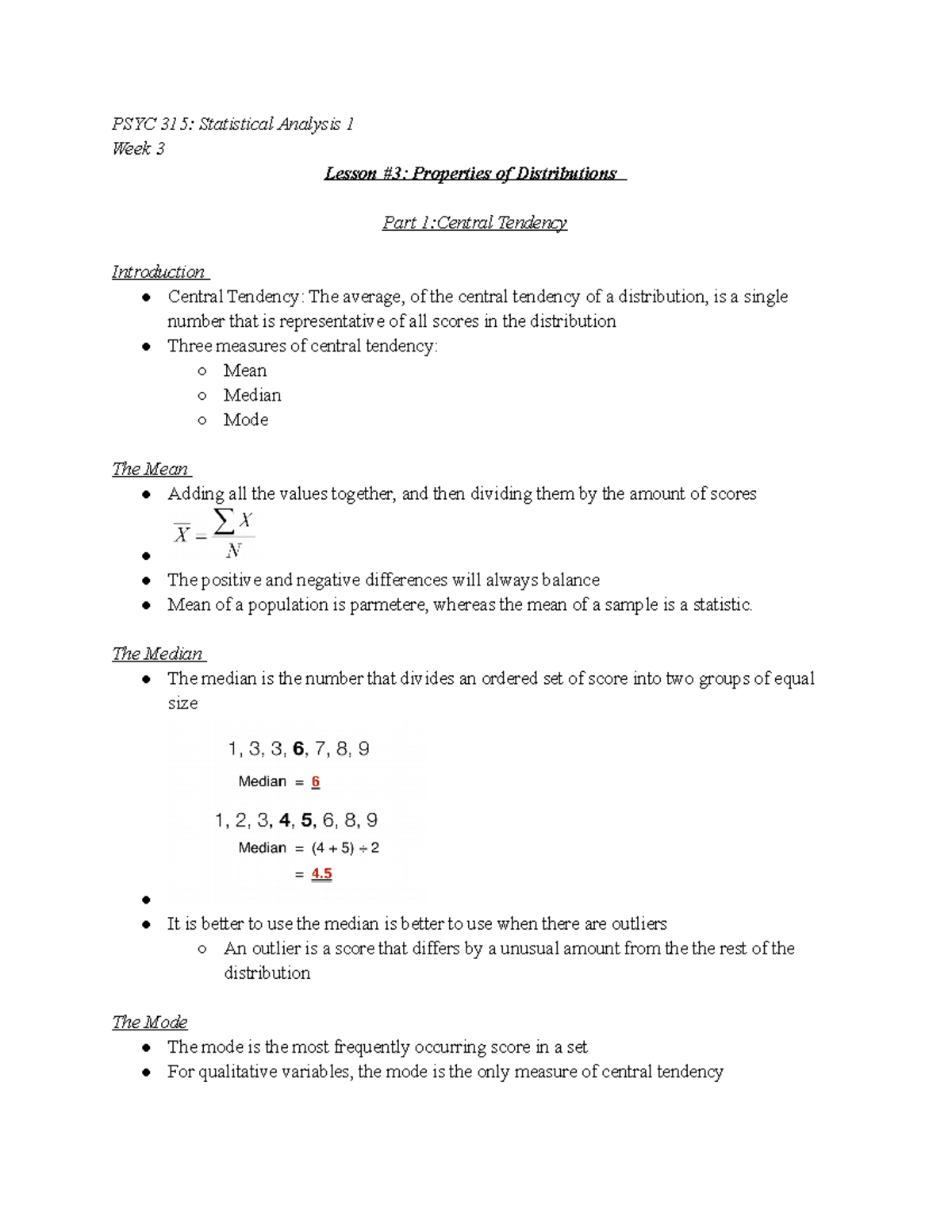 PSYC 315 - Lecture #3 - PSYC 315: Statistical Analysis 1 Week 3 Lesson #3: Properties of - Studocu