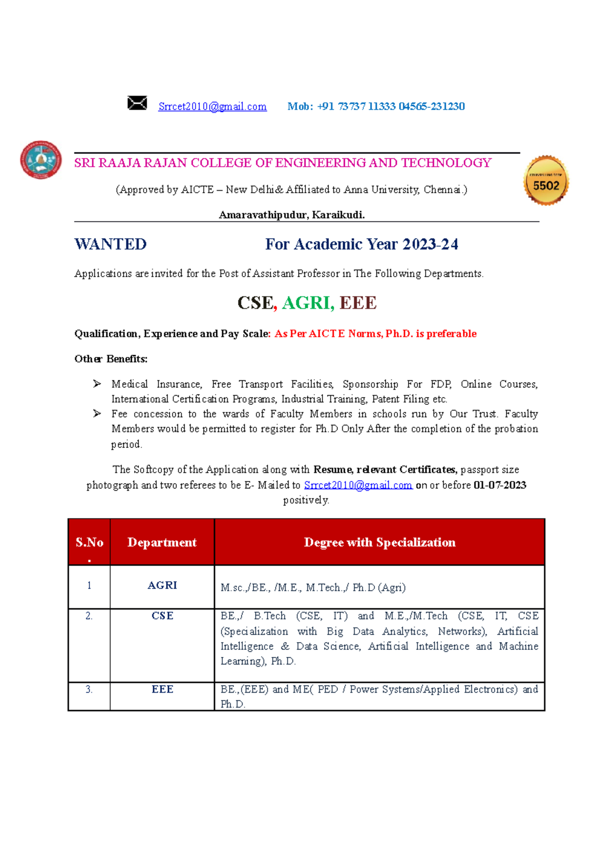 Requirements for agri, cse and eee final copy - Srrcet2010@gmail Mob ...