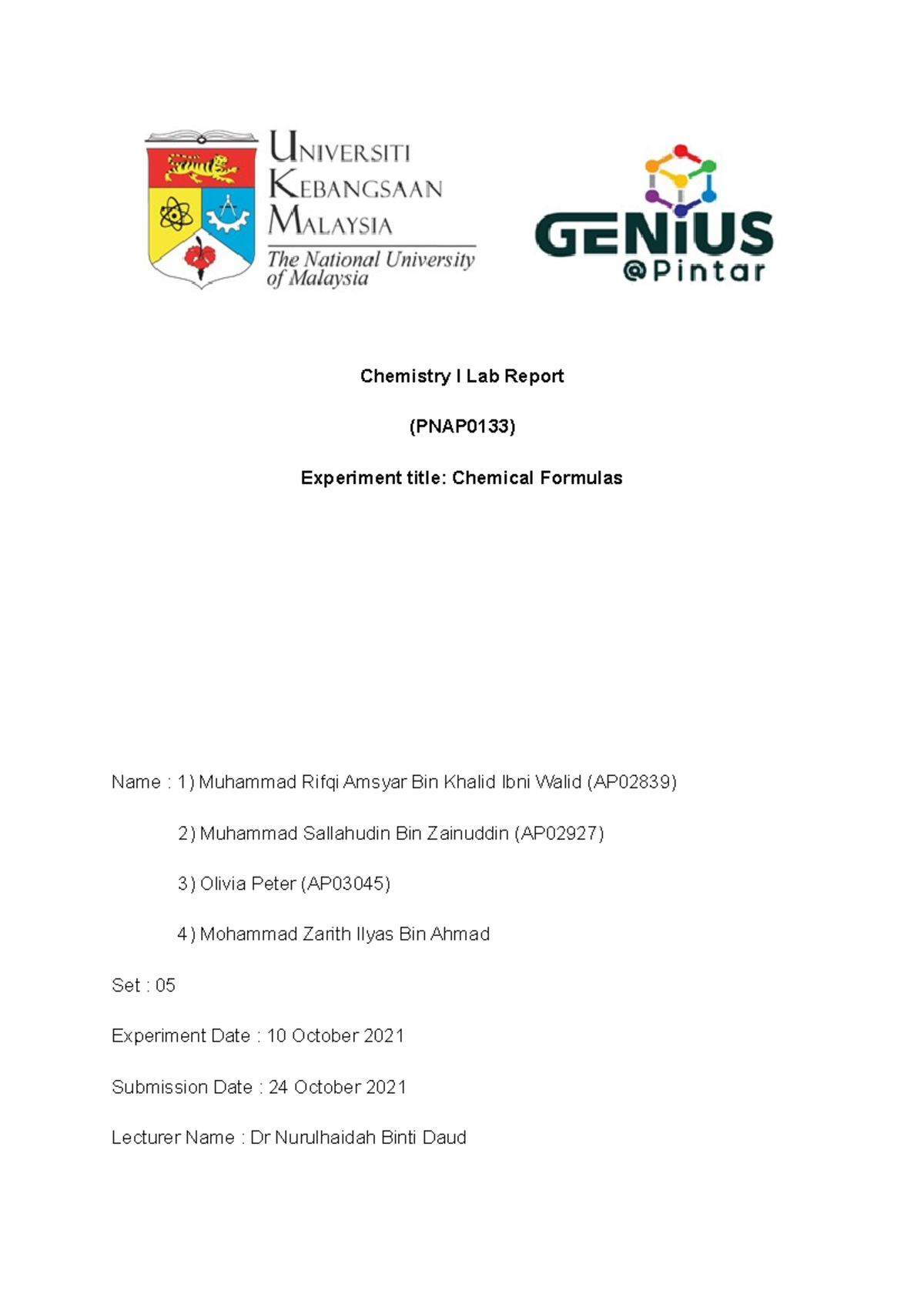 Chemistry I Lab Report - Grade: a+ - Chemistry I Lab Report (PNAP0133 ...