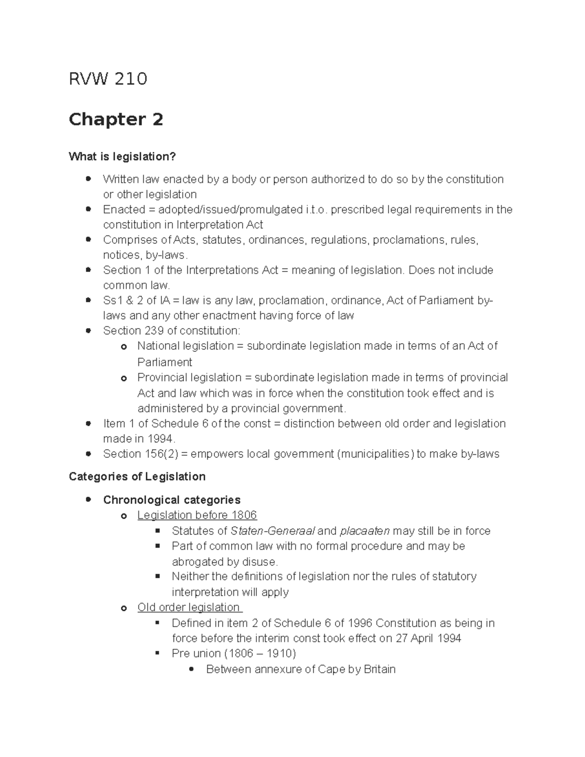 RVW 210 - LECTURE NOTES - RVW 210 Chapter 2 What is legislation ...