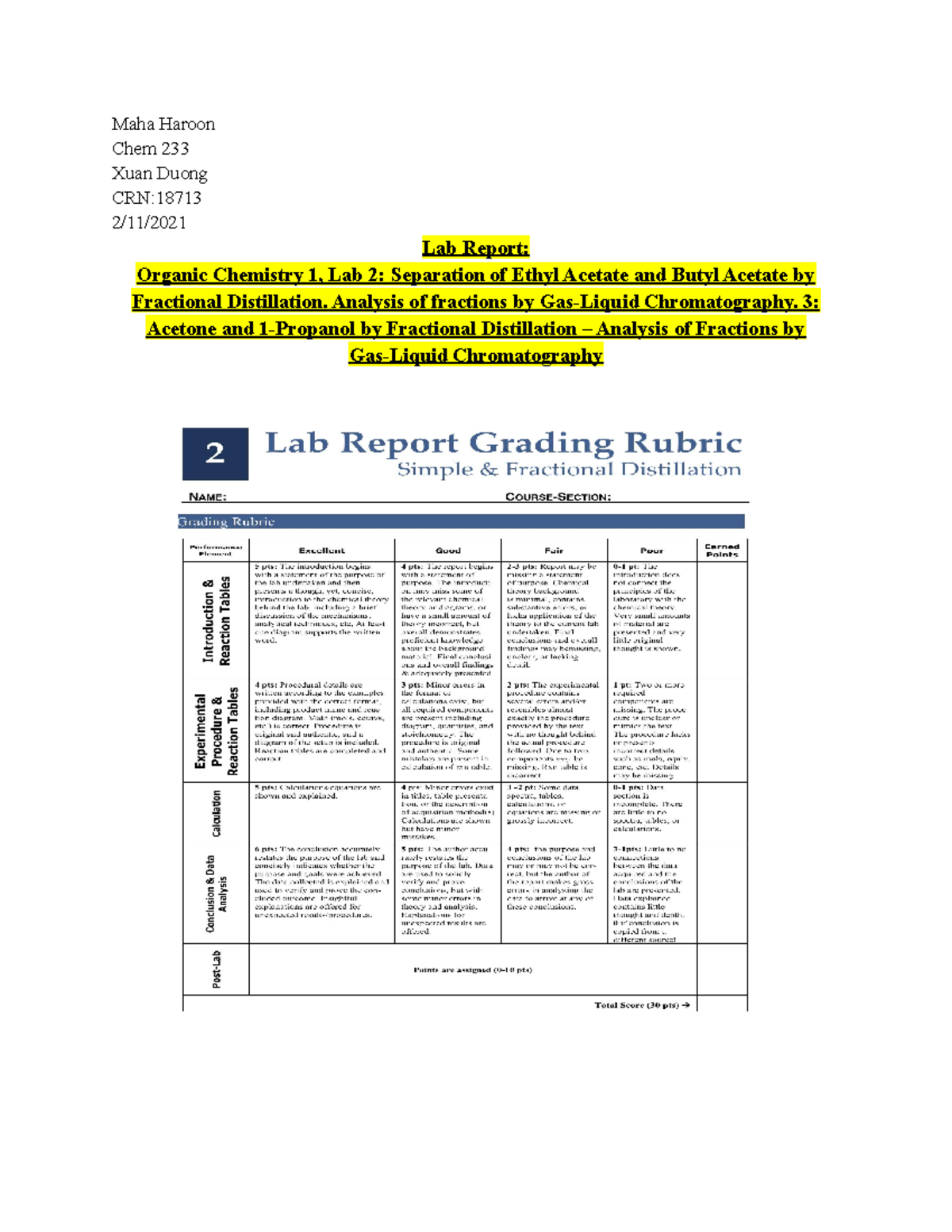 Lab report 2 Orgo - ORGO CHEM - Maha Haroon Chem 233 Xuan Duong CRN: 2 ...