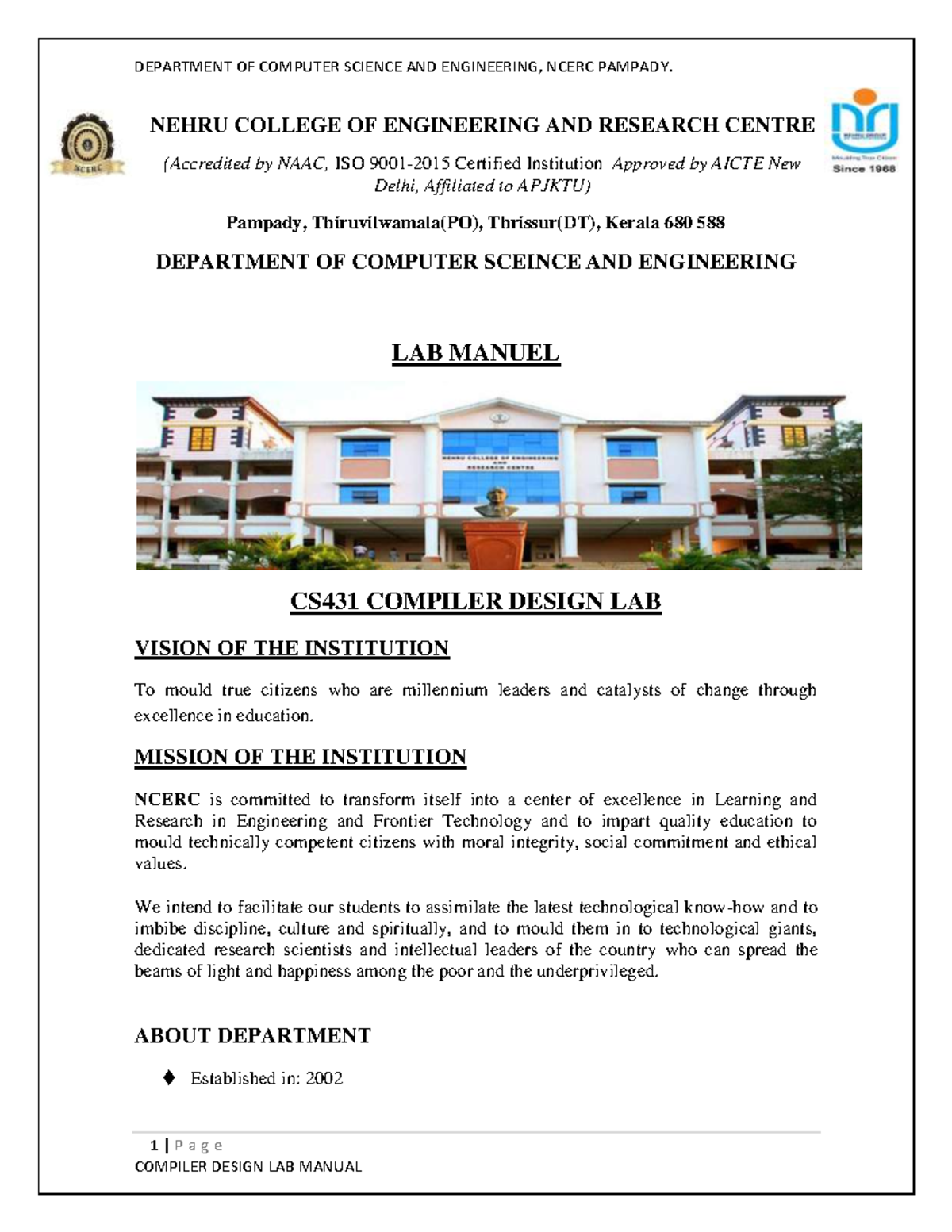 CS431 Compiler Design LAB - 1 | P a g e NEHRU COLLEGE OF ENGINEERING AND RESEARCH CENTRE ...