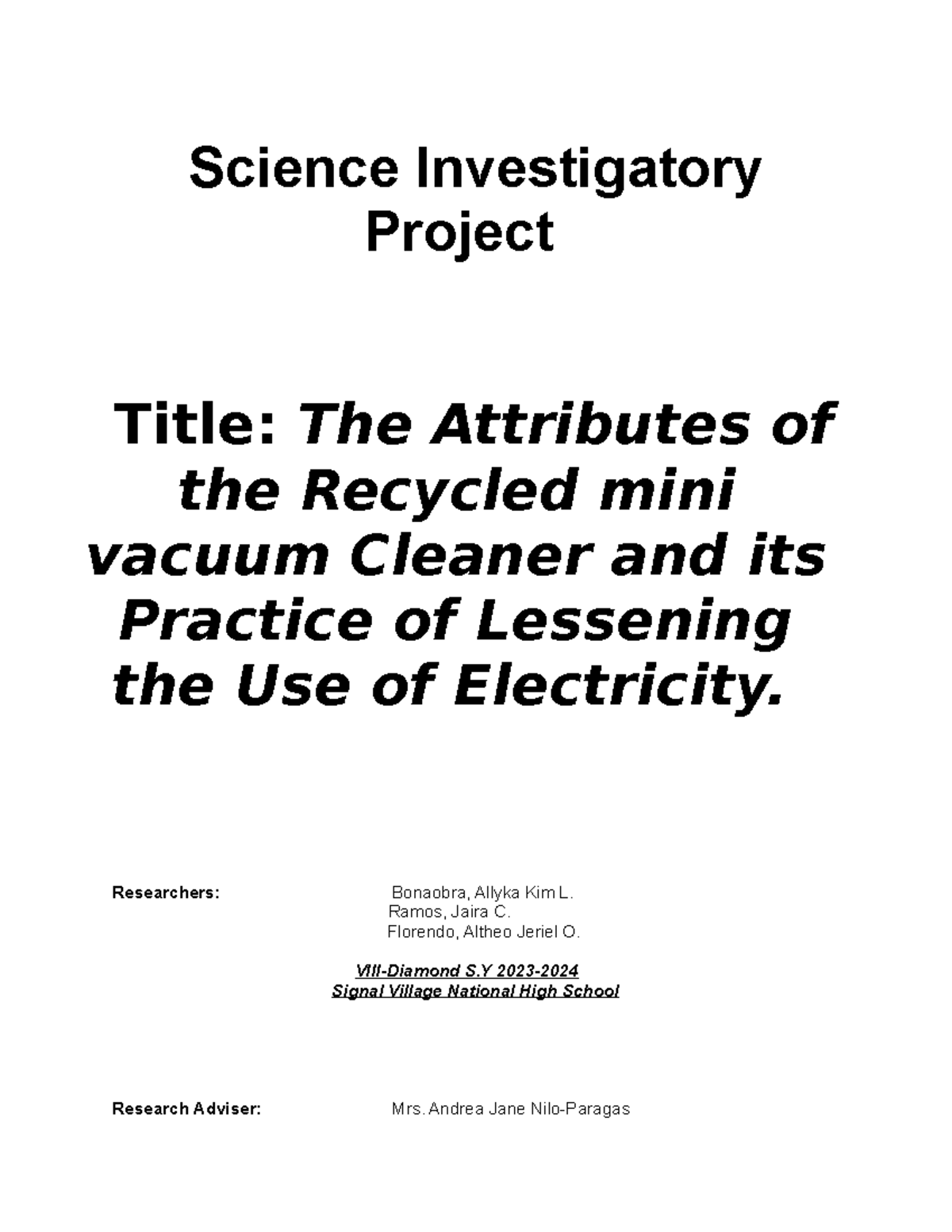 Science Invetigatory Project for print 1 2 1 - Science Investigatory Project Title: The ...