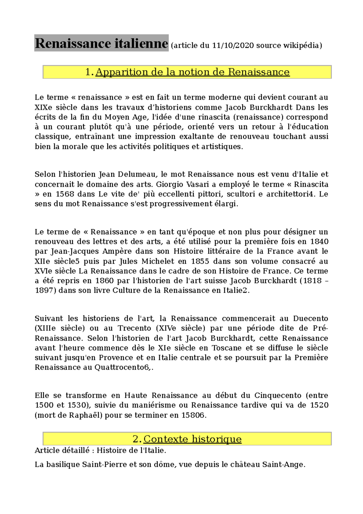 Renaissance texte wikipedia support td3 - Renaissance italienne (article du 11/10/2020 source ...