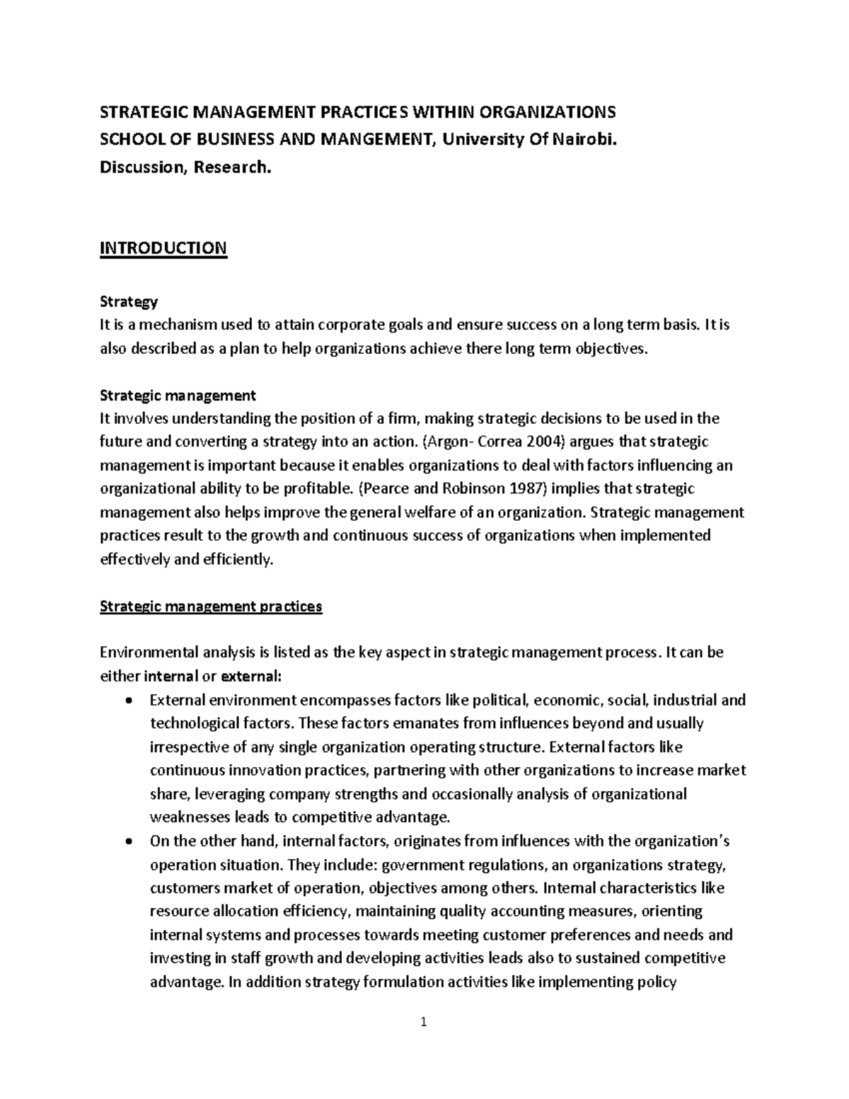 Strategic Management Practices Within Organizations Discussion - 1 ...