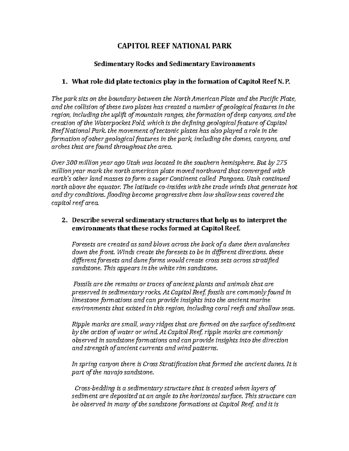 Capitol Reef N.P. Summary Ques - CAPITOL REEF NATIONAL PARK Sedimentary ...