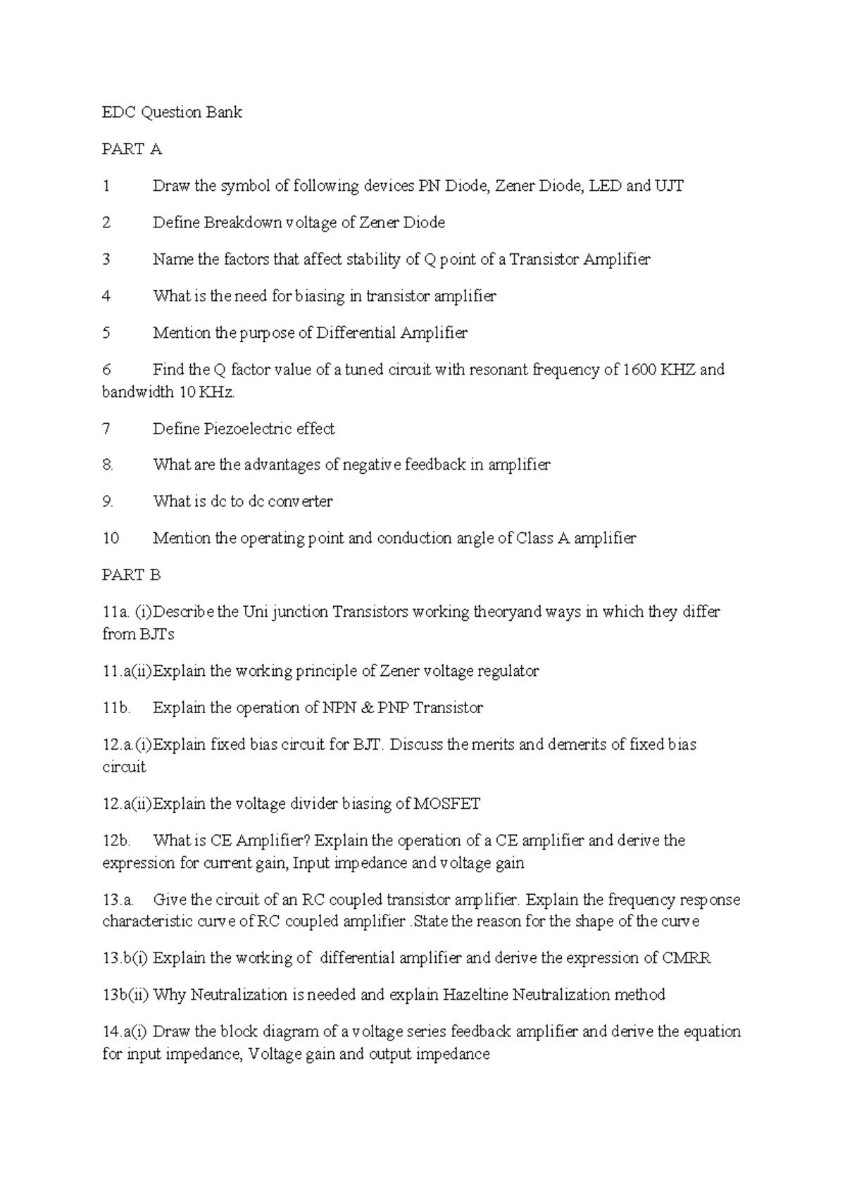 EDC qb - question bank - EDC Question Bank PART A 1 Draw the symbol of following devices PN ...