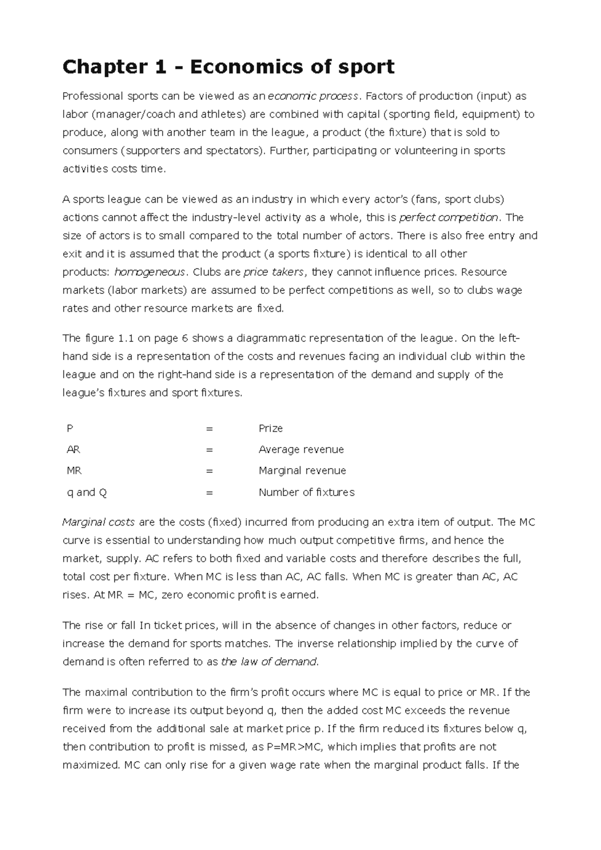 Summary 1 - Samenvatting Sports Economics - Chapter 1 Economics of ...