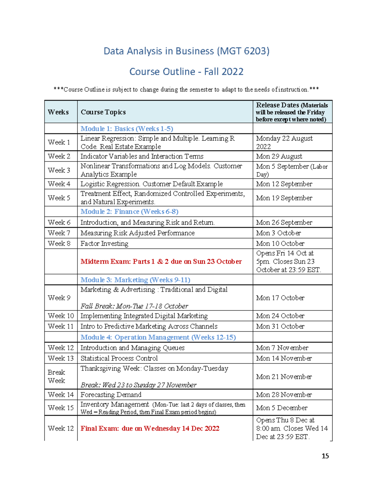 Course Schedule MGT6203 - 15 Data Analysis in Business (MGT 6203) Course Outline - Fall 2022 ...