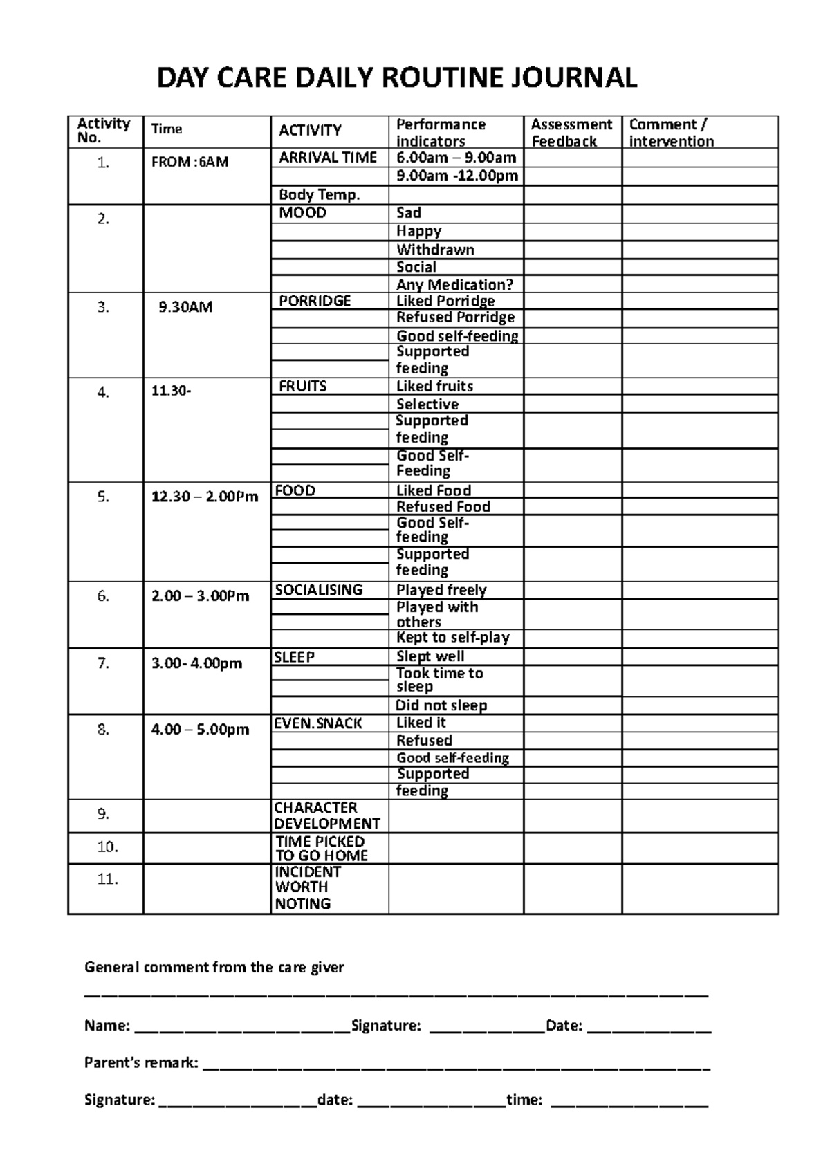 Day Care - ict - DAY CARE DAILY ROUTINE JOURNAL Activity No. Time ...