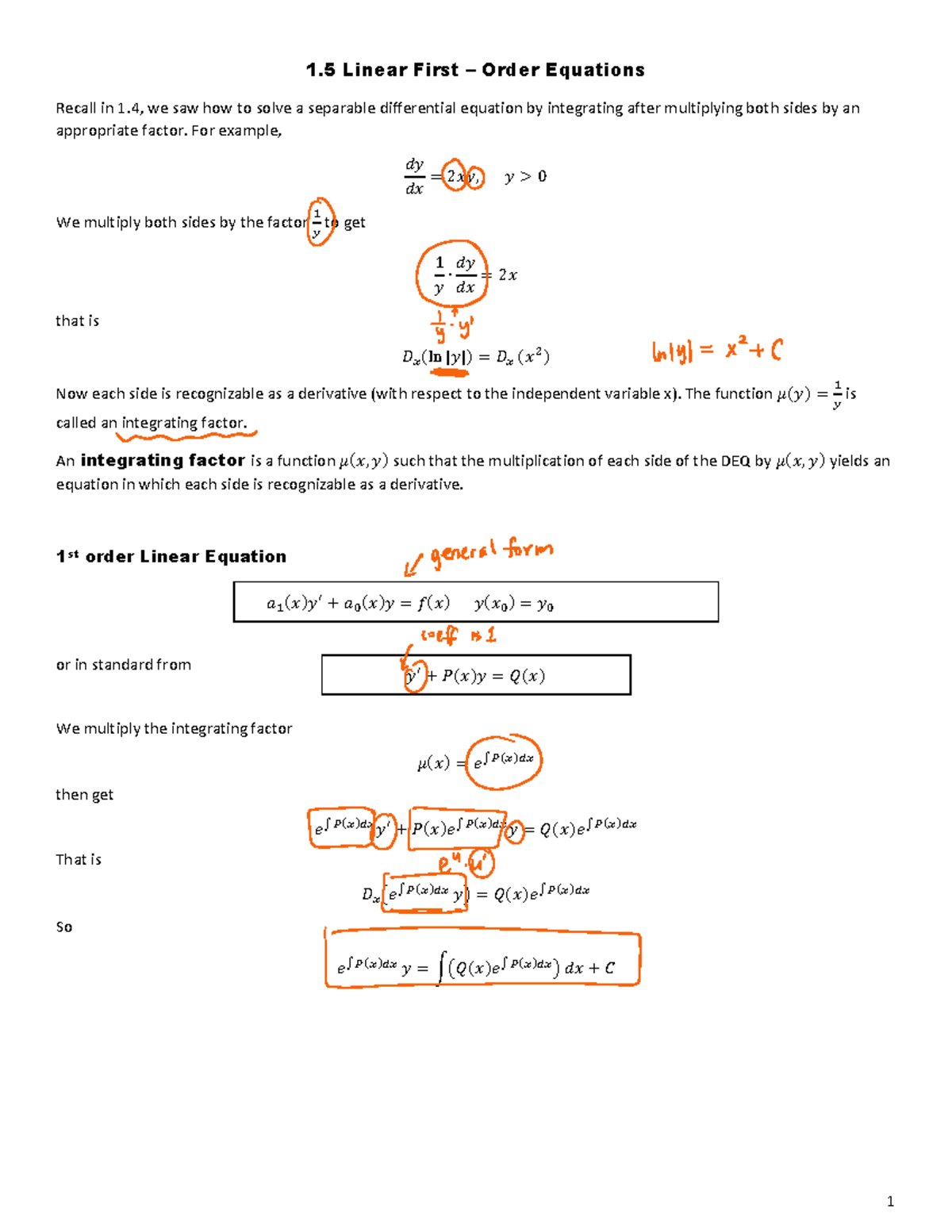1 - Chapter 1.5 Review - 1 Linear First – Order Equations Recall in 1, we saw how to solve a ...