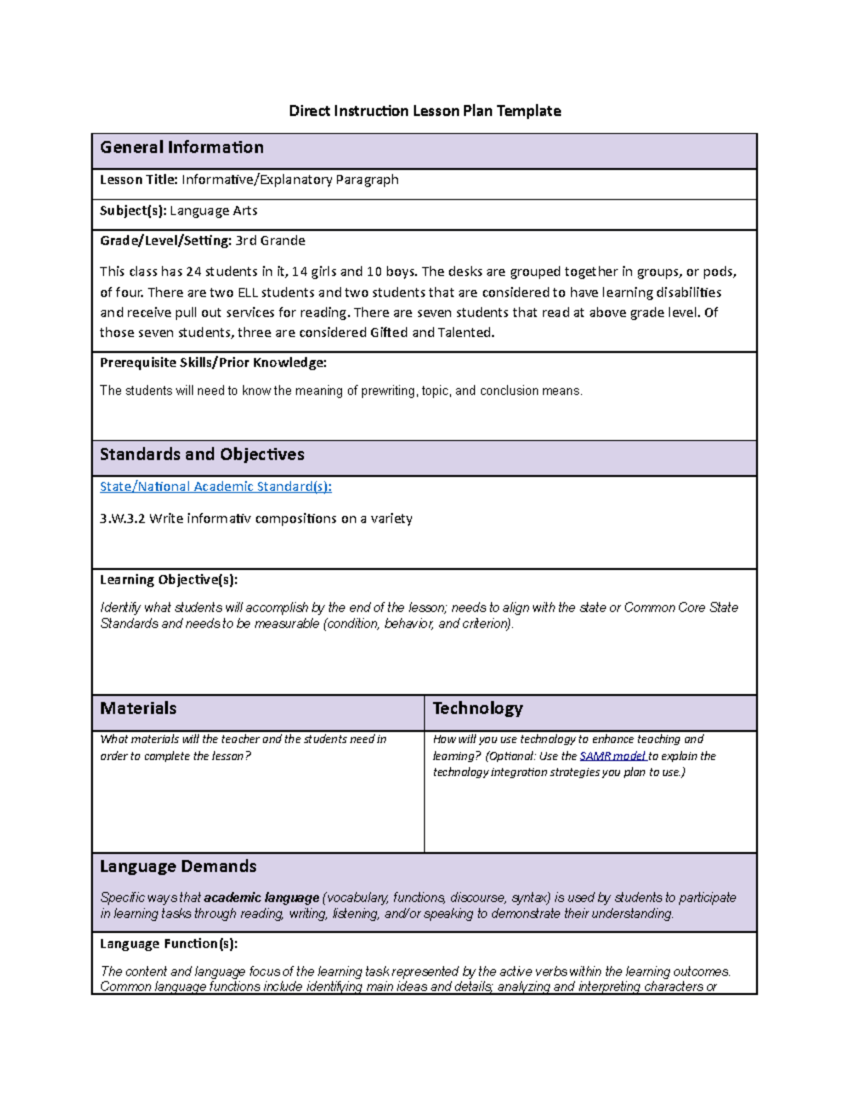 Direct Instruction Lesson Plan Template - The desks are grouped ...