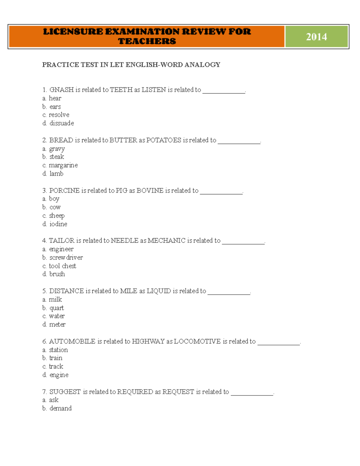 14 English Practice Test 3 - PRACTICE TEST IN LET ENGLISH-WORD ANALOGY ...