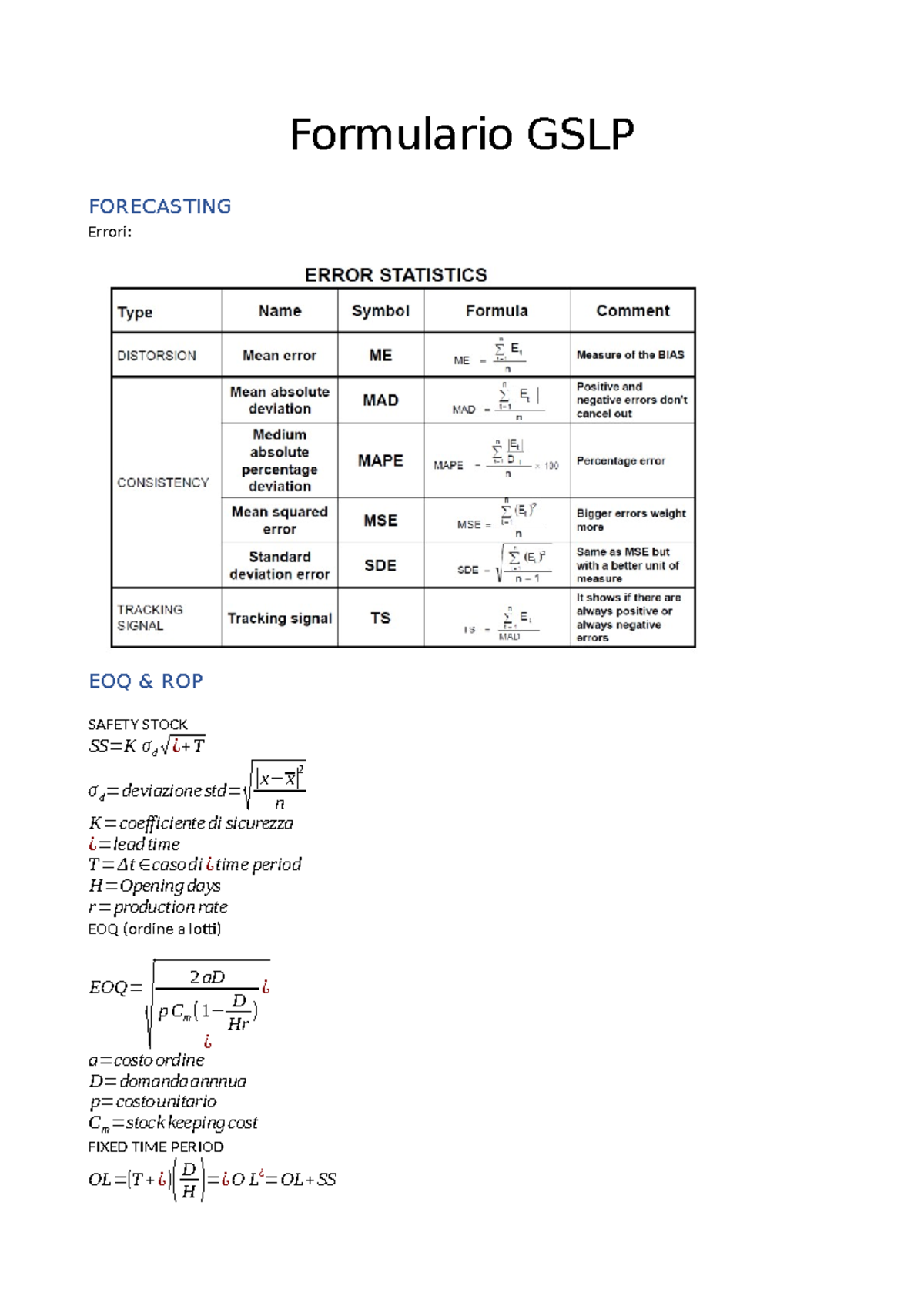 Formulario GSLP - Formulario GSLP FORECASTING Errori: EOQ & ROP SAFETY ...