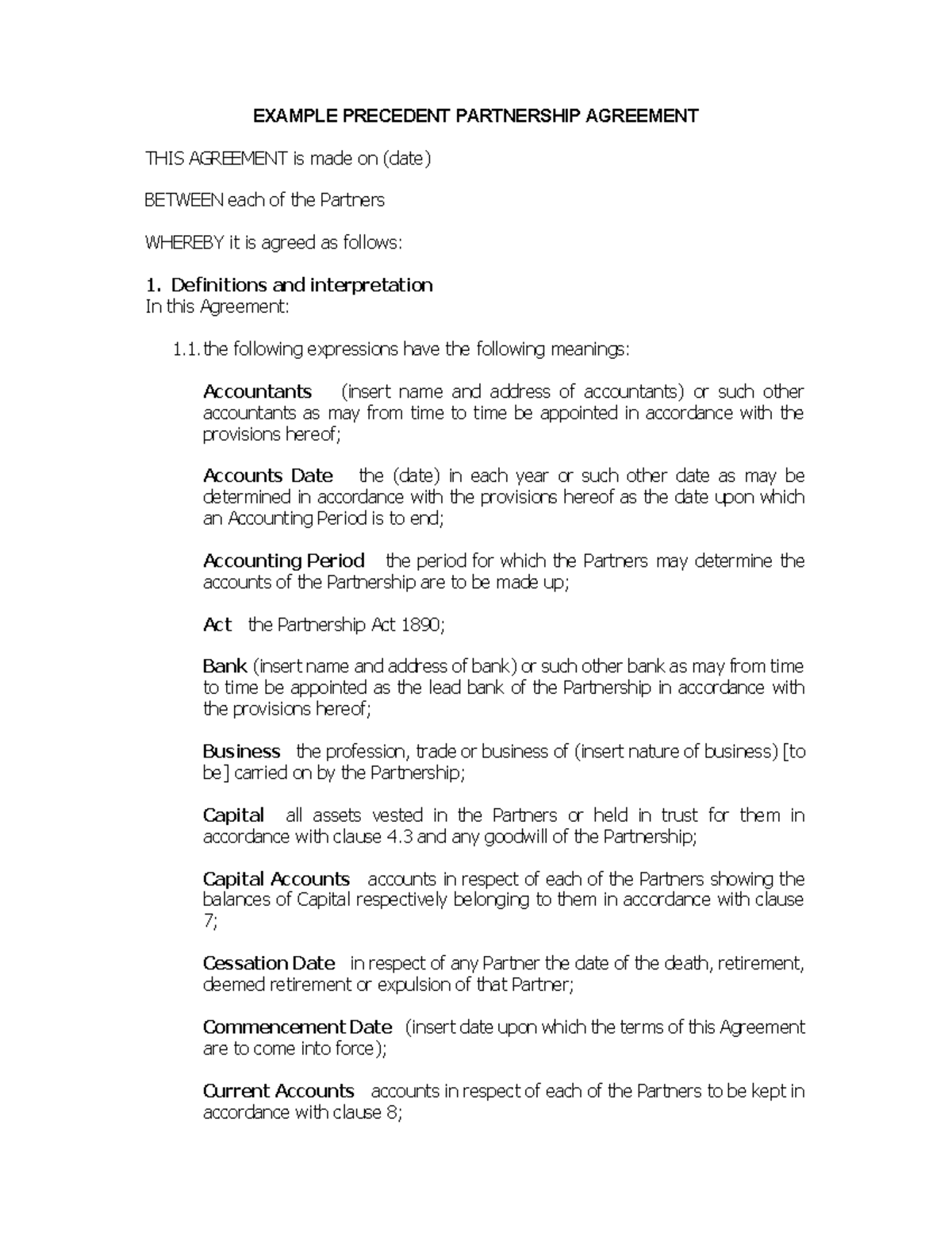 Example Precedent Partnership Agreement - EXAMPLE PRECEDENT PARTNERSHIP ...
