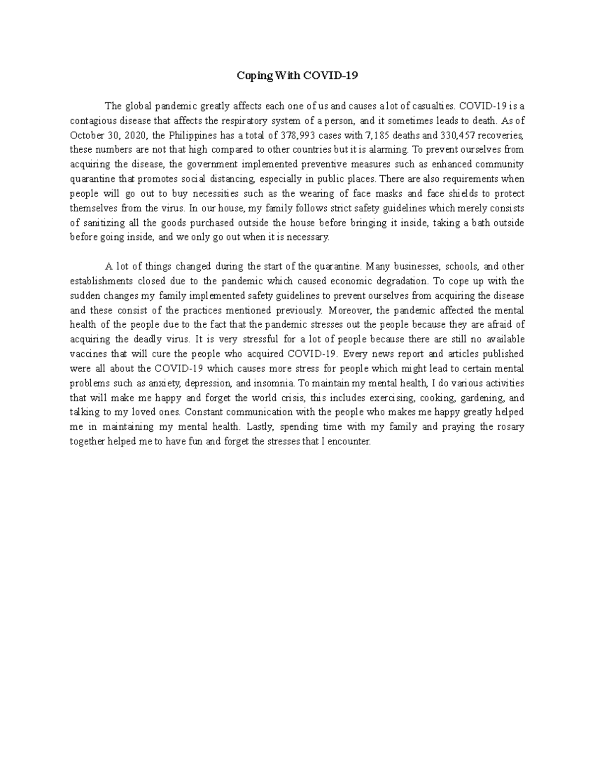 Covid 19 Essay Reflection - Coping With COVID- The global pandemic ...