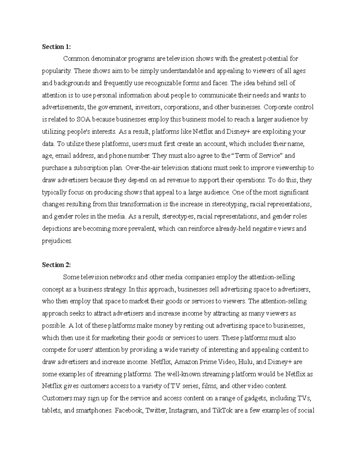 MEDIA 180 Final Exam Essay - Section 1: Common denominator programs are ...