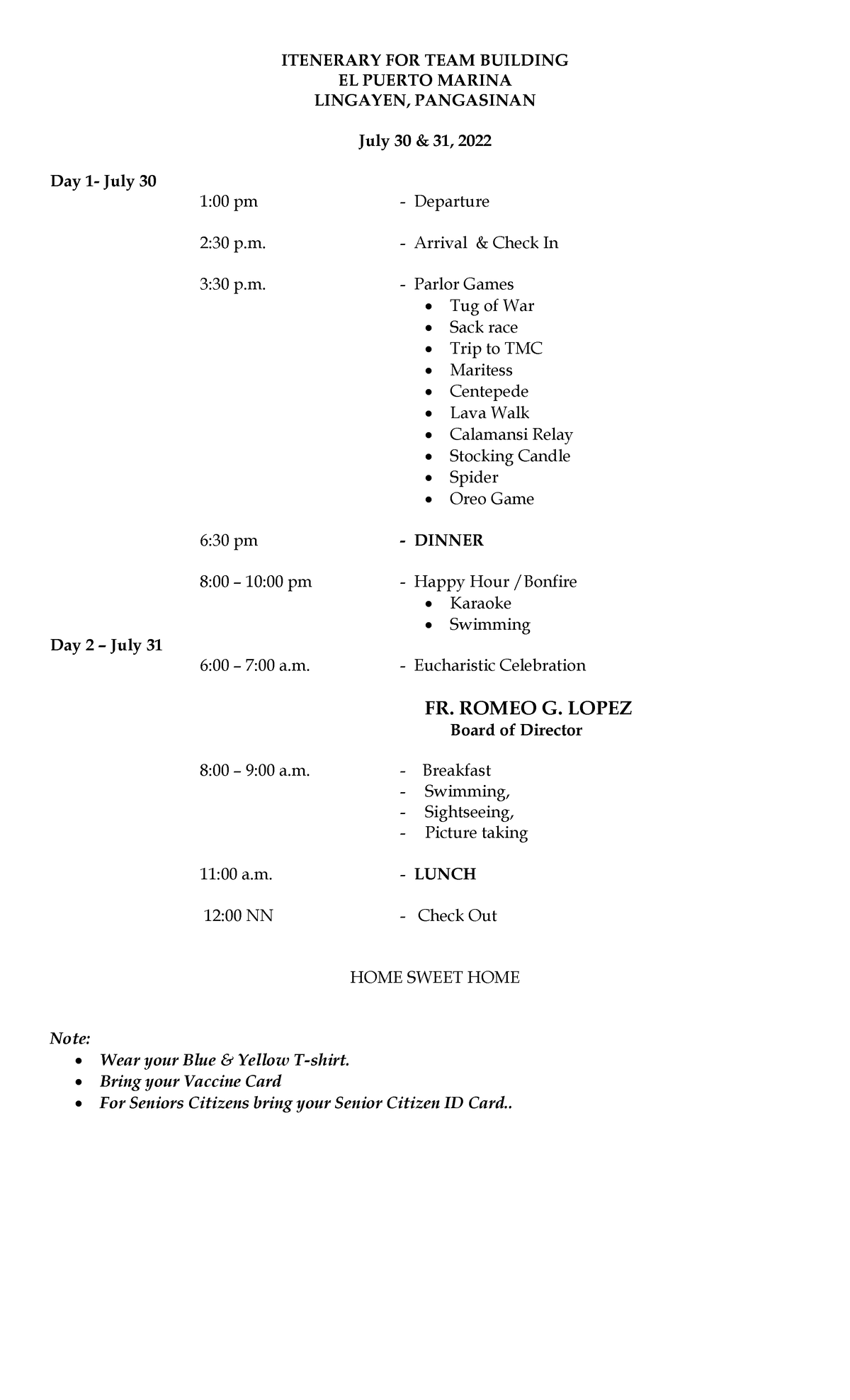 Itenerary FOR TEAM Building - ITENERARY FOR TEAM BUILDING EL PUERTO ...