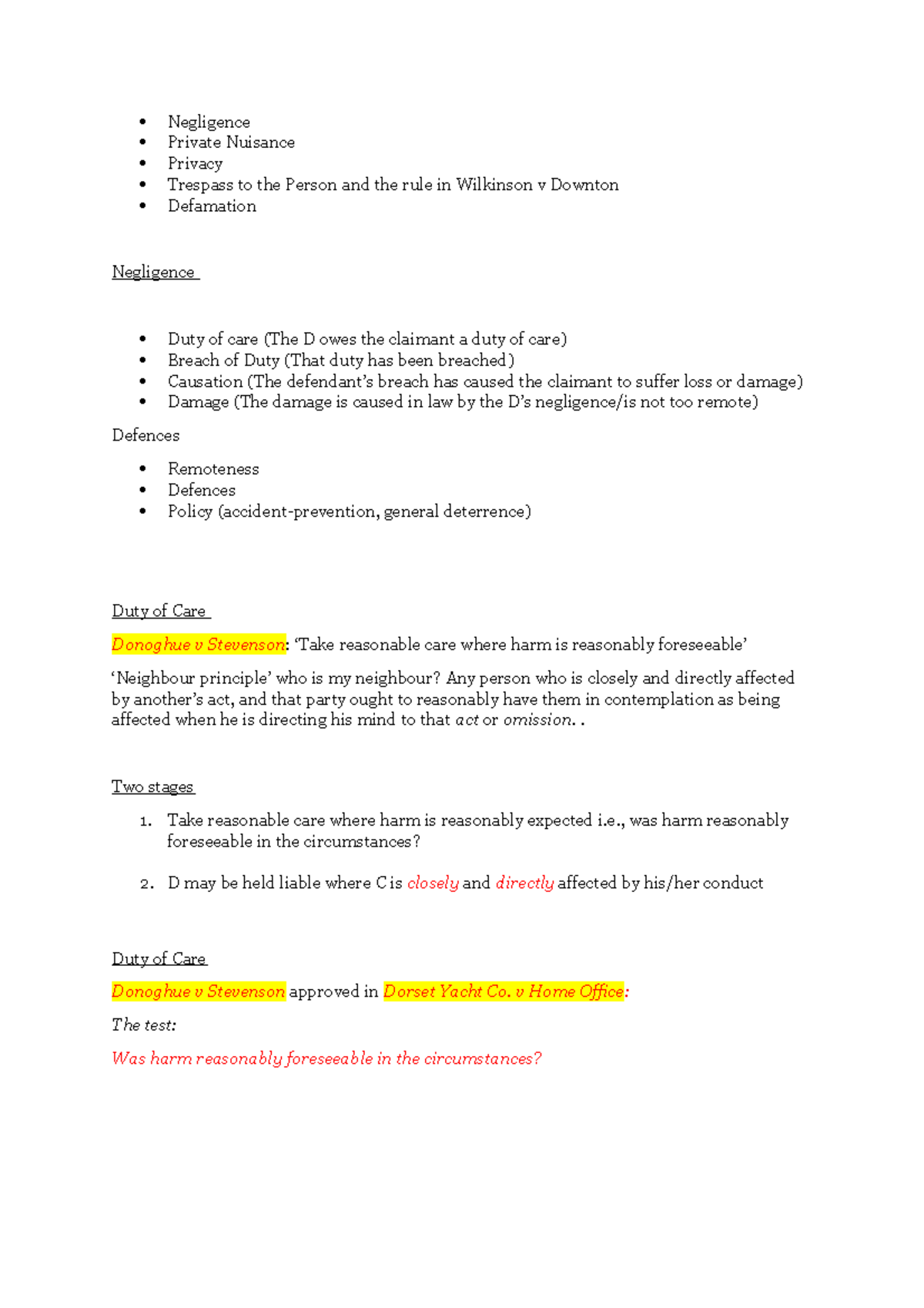 TORT Revision - Negligence Private Nuisance Privacy Trespass to the ...