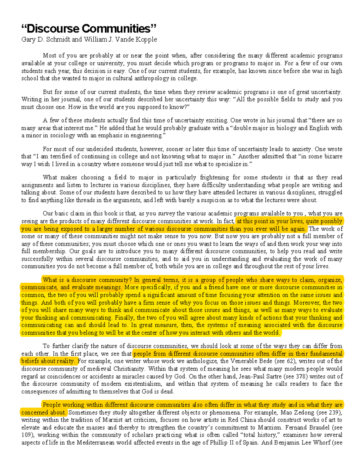 Discourse Communities by Schmiidt & Vande Kopple (highlighted ...