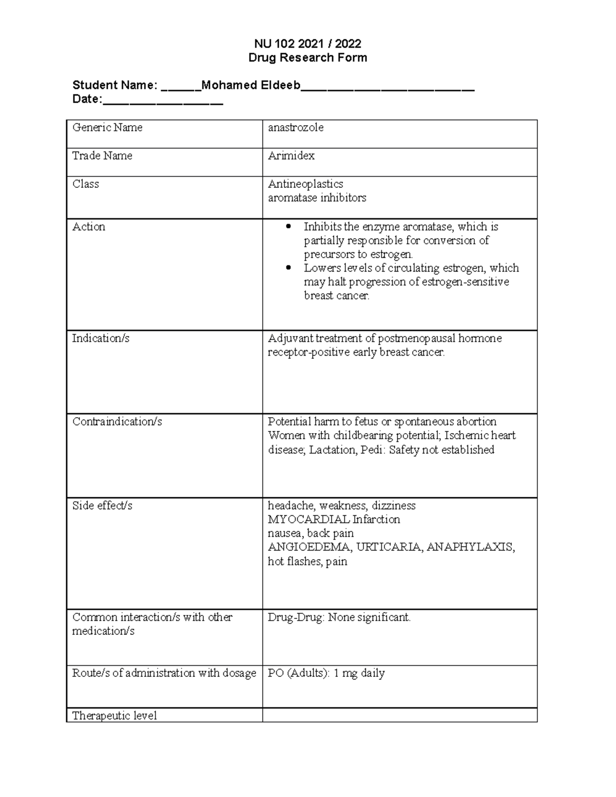 Arimidex 1 - m zx mzk zxm z z z - NU 102 2021 / 2022 Drug Research Form ...