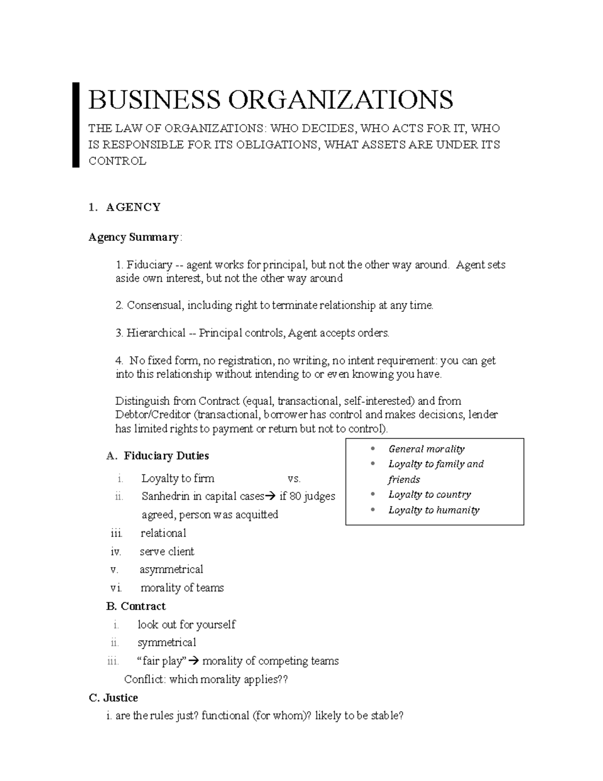 Business organizations outline - BUSINESS ORGANIZATIONS THE LAW OF ...