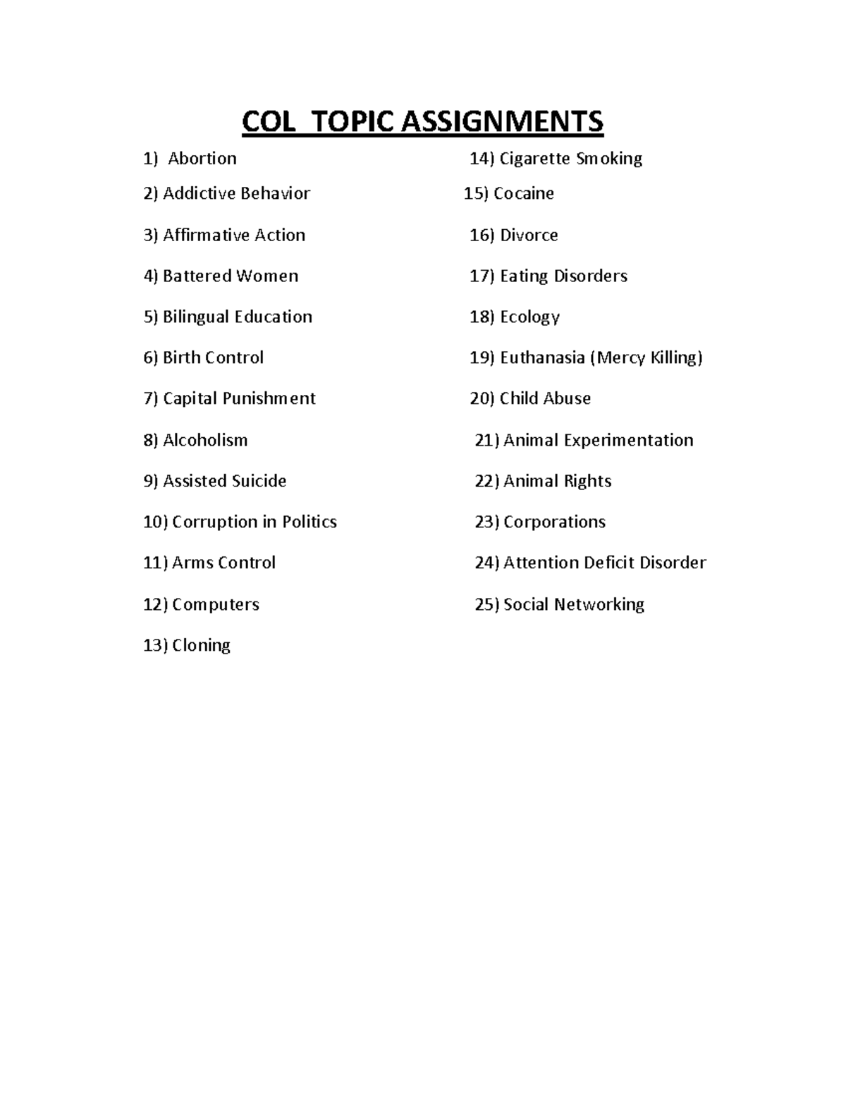 COL Topic 1 Rev - COL TOPIC ASSIGNMENTS 1) Abortion 14) Cigarette Smoking 2) Addictive Behavior ...