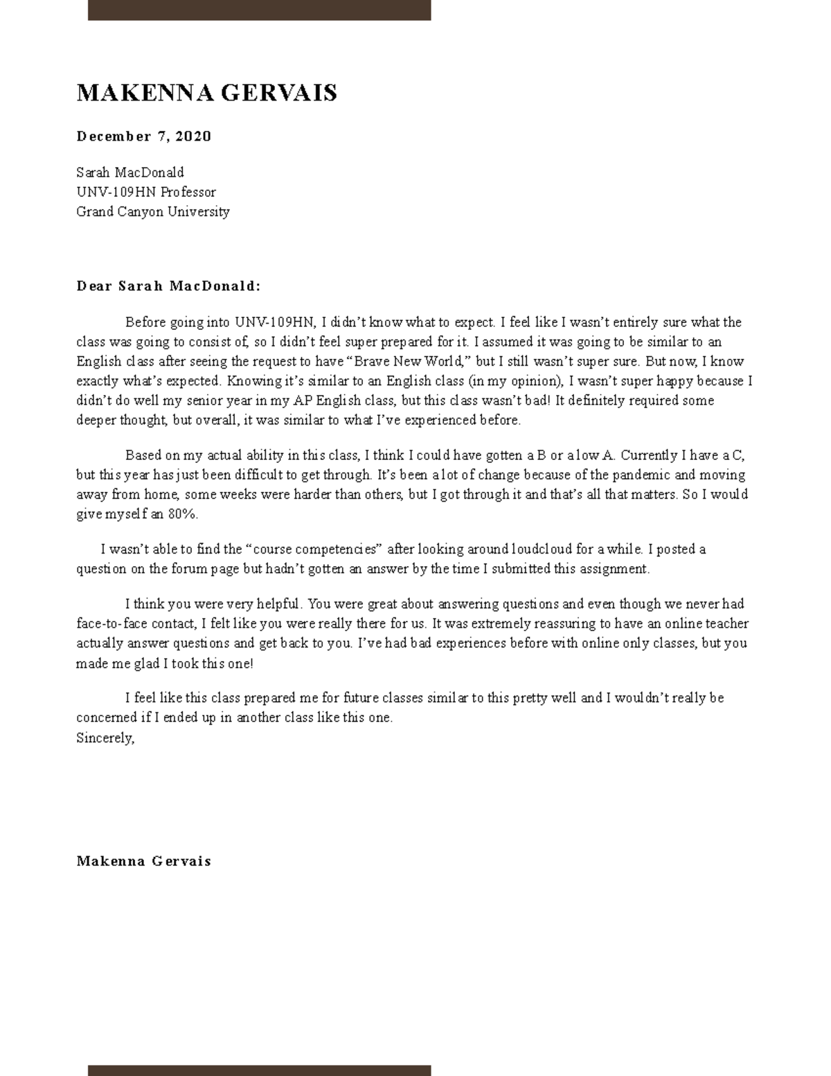 Reflection Letter Final - MAKENNA GERVAIS December 7, 2020 Sarah ...