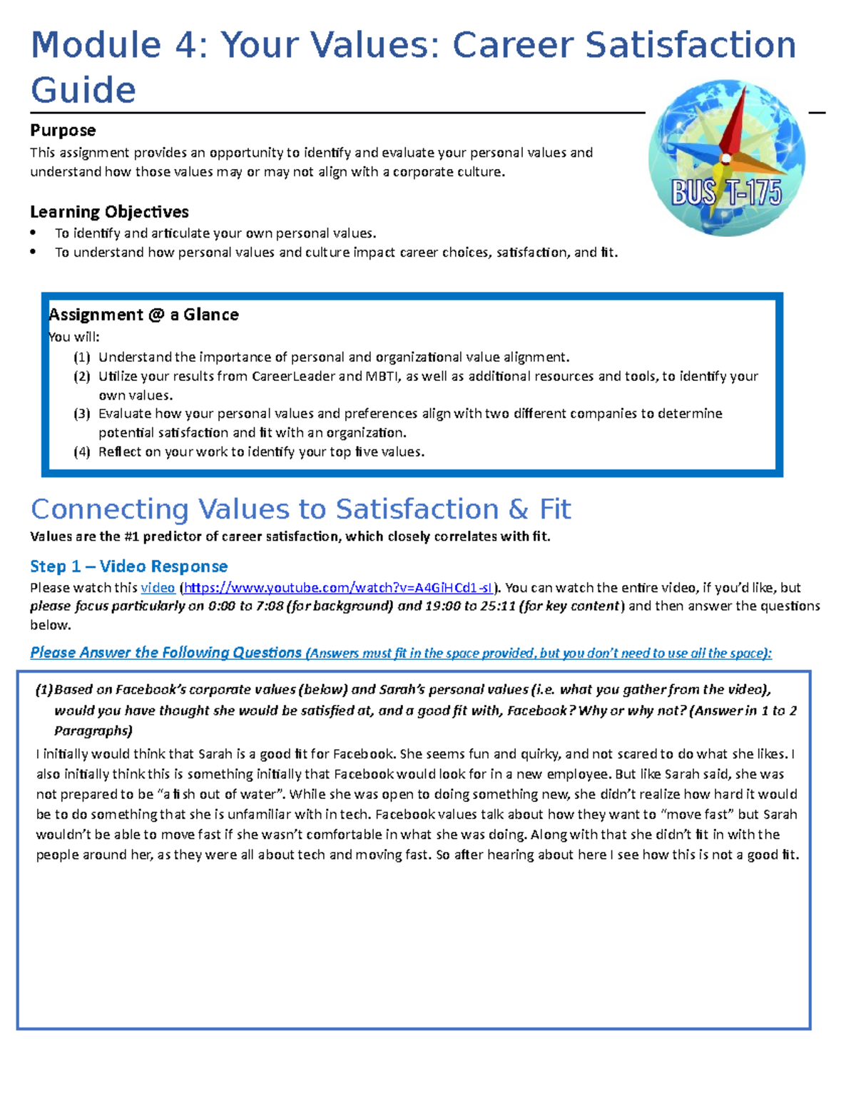 Your Values Guide - Module 4: Your Values: Career Satisfaction Guide ...