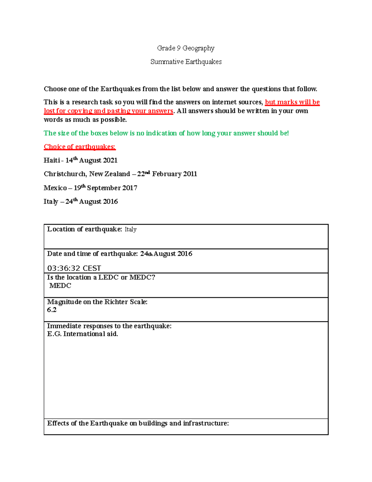 Grade 9 Geography Research Summative (1) - Grade 9 Geography Summative ...