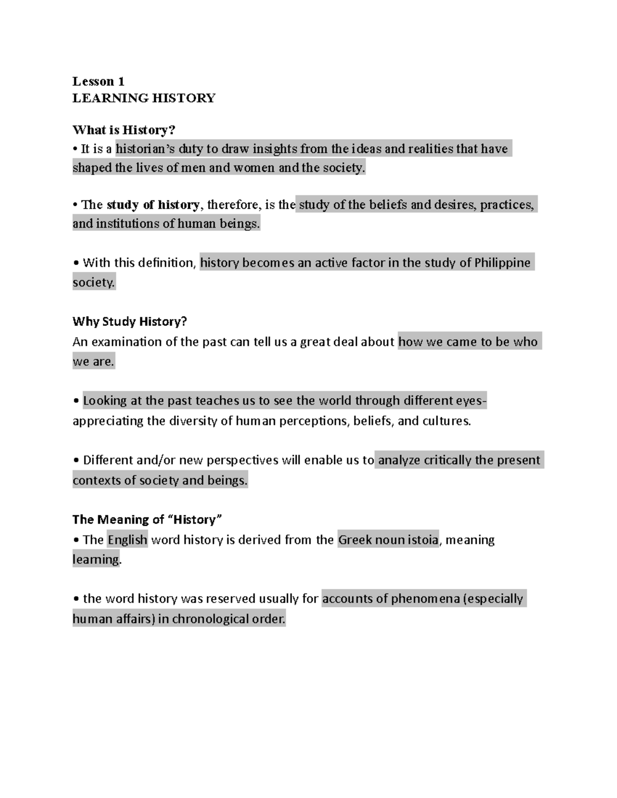 RPH Reviewer - Material for you - Lesson 1 LEARNING HISTORY What is ...