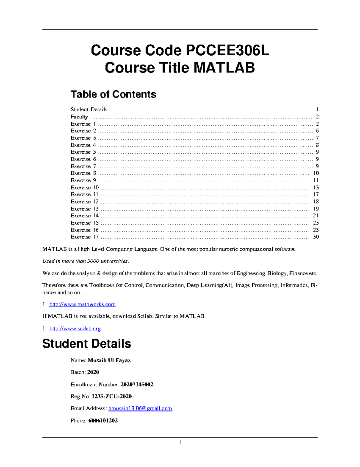 Matlab Assignment - THIS IS LAB_1_TEMPLATE - Course Title MATLAB Table of Contents Student ...