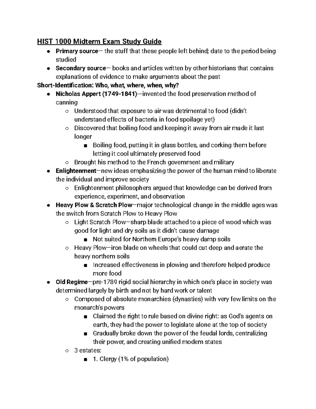 Modern European History Midterm Study Guide - HIST 1000 Midterm Exam ...