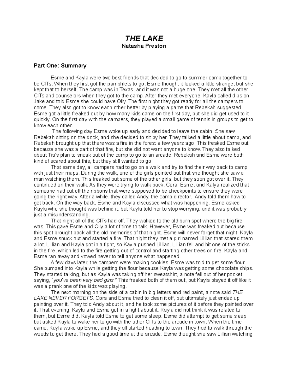 The Lake - Book Report - summery, cause and affects, compare contrast ...