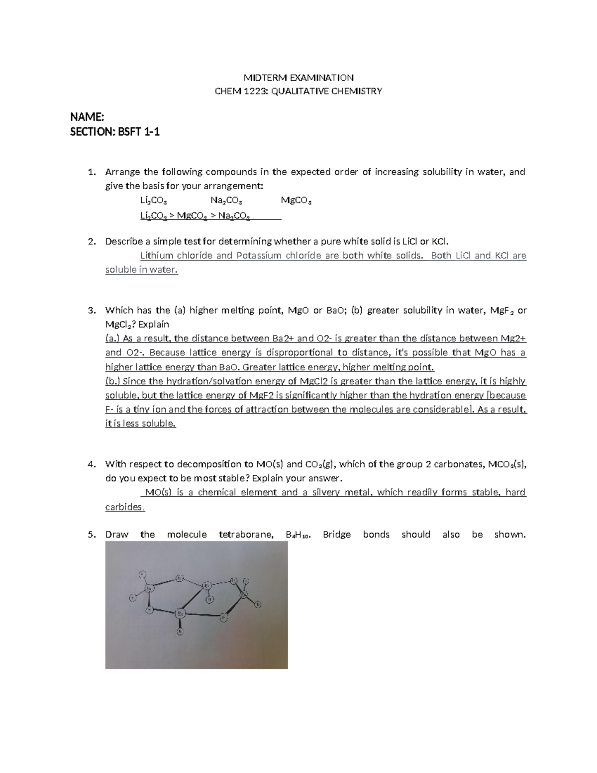 BSFT1-1 - MIDTERM EXAMINATION CHEM 1223: QUALITATIVE CHEMISTRY NAME ...