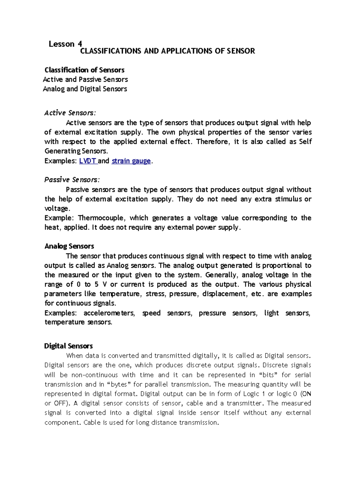 Module 1 Lesson 4 Classifications AND Applications OF Sensor - Lesson 4 ...