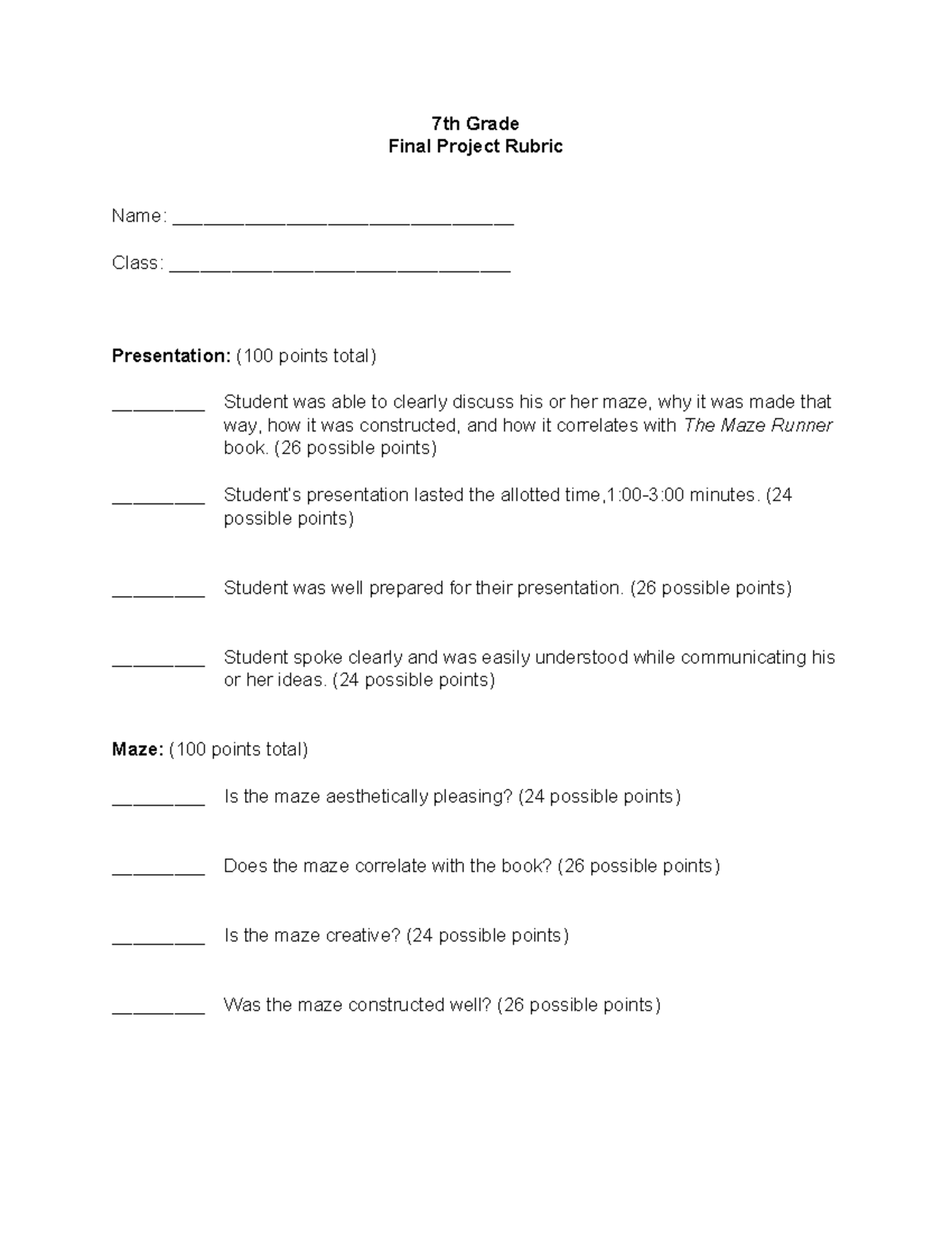 7th Grade Final Project Rubric - 7th Grade Final Project Rubric Name ...