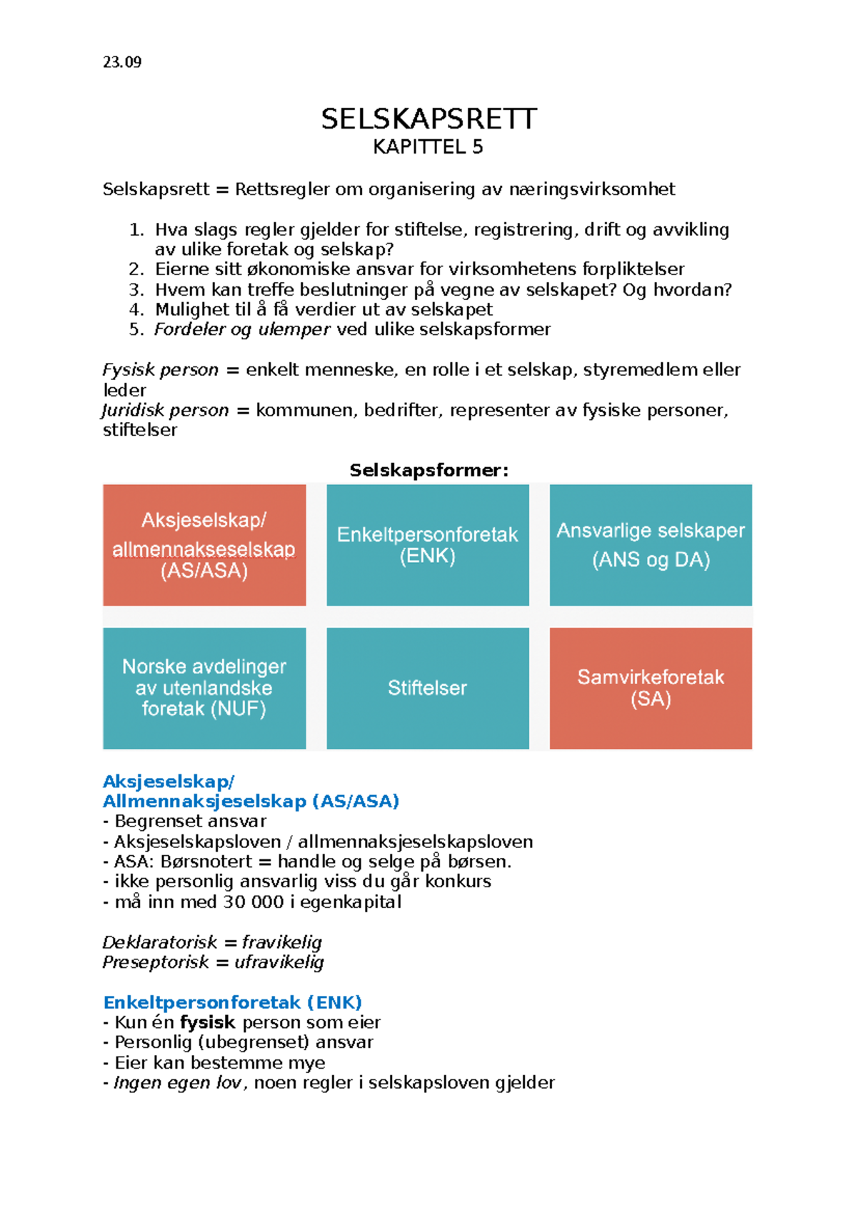 Selskapsrett - Faktadokument - SELSKAPSRETT KAPITTEL 5 Selskapsrett = Rettsregler om ...