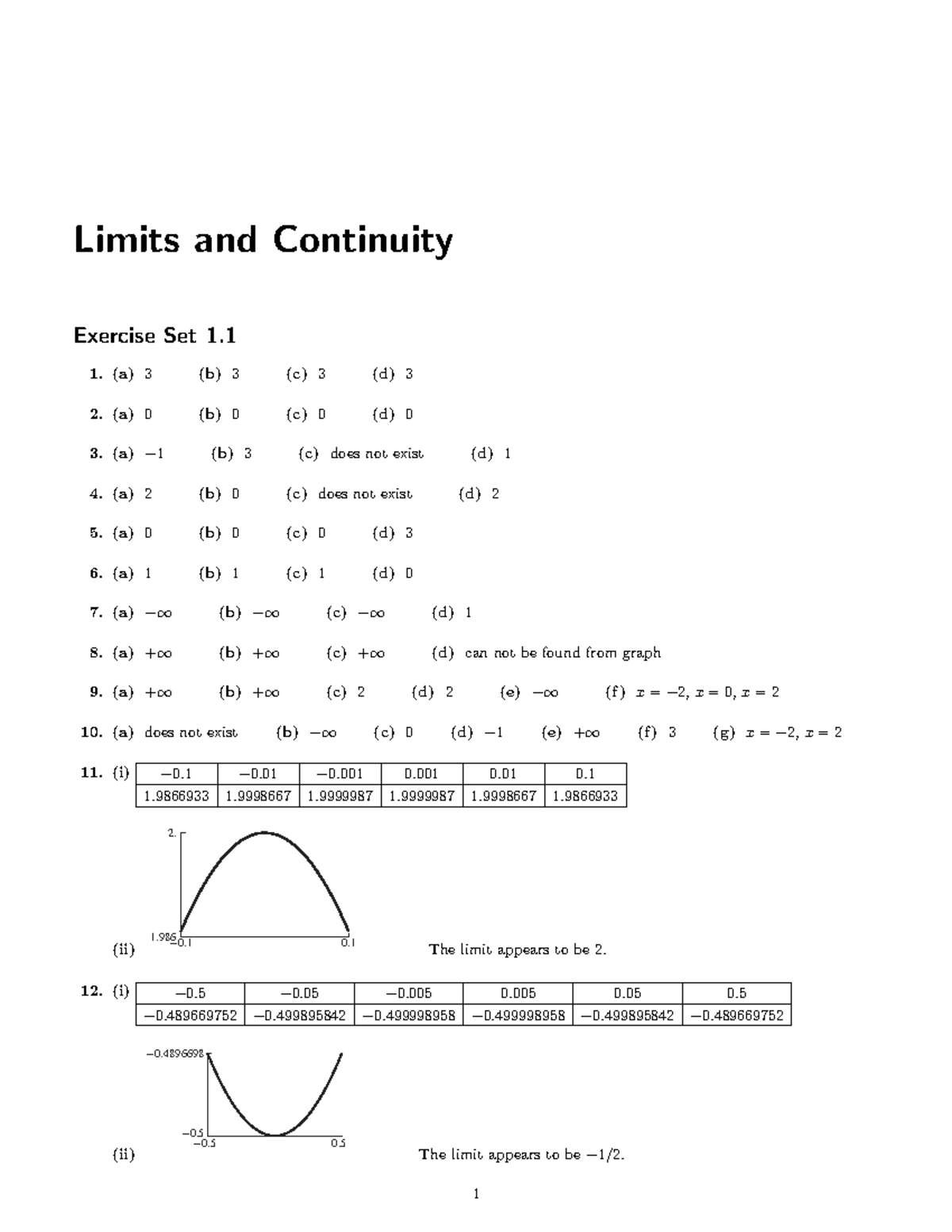 Answers math 121 - notes - Limits and Continuity Exercise Set 1. (a) 3 ...