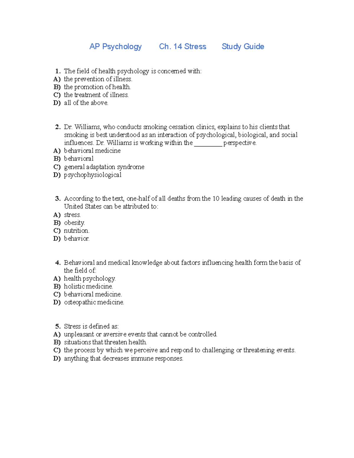 Ch14 Stress - Management-Psychology - AP Psychology Ch. 14 Stress Study ...