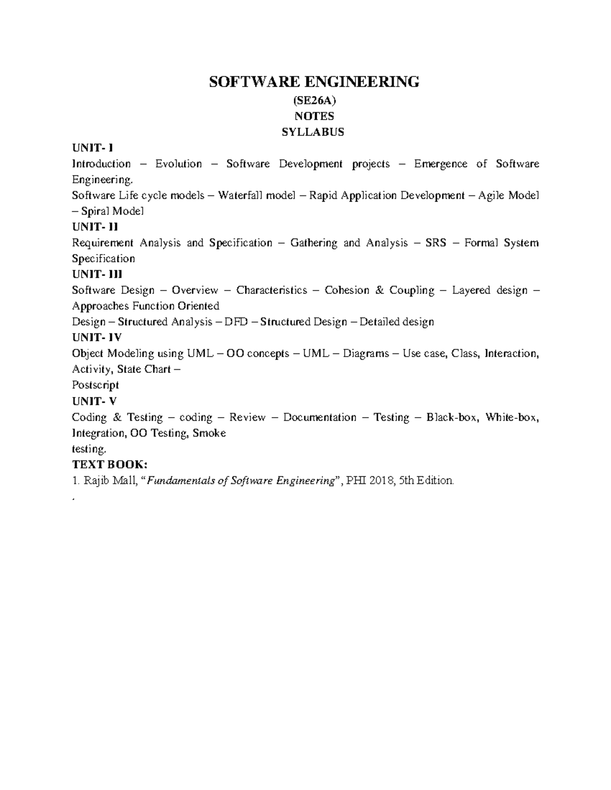 SE Notes UNIT I -V - SOFTWARE ENGINEERING (SE26A) NOTES SYLLABUS UNIT ...