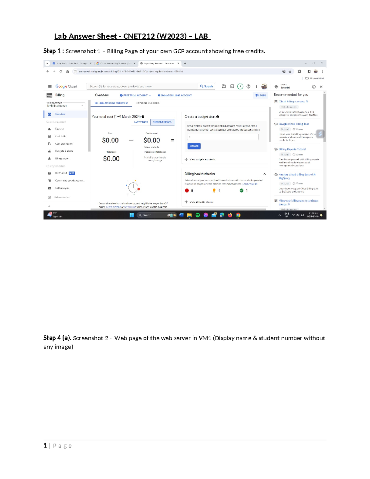 Lab Answer Sheet - LAB 4 - Week 9 GCP - Lab Answer Sheet - CNET212 ...