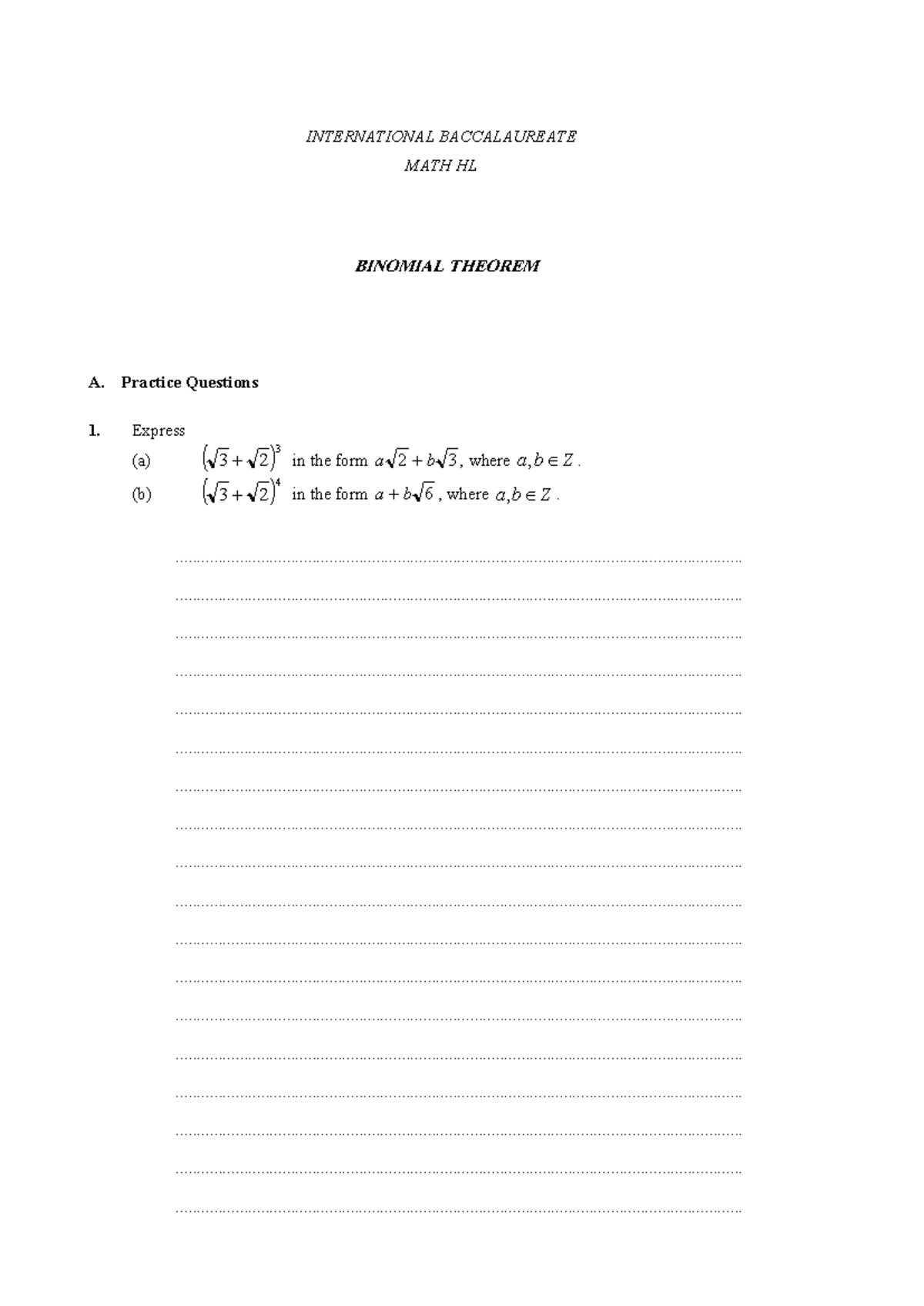 HL Binomial Theorem - ggggggg - ####### INTERNATIONAL BACCALAUREATE ...
