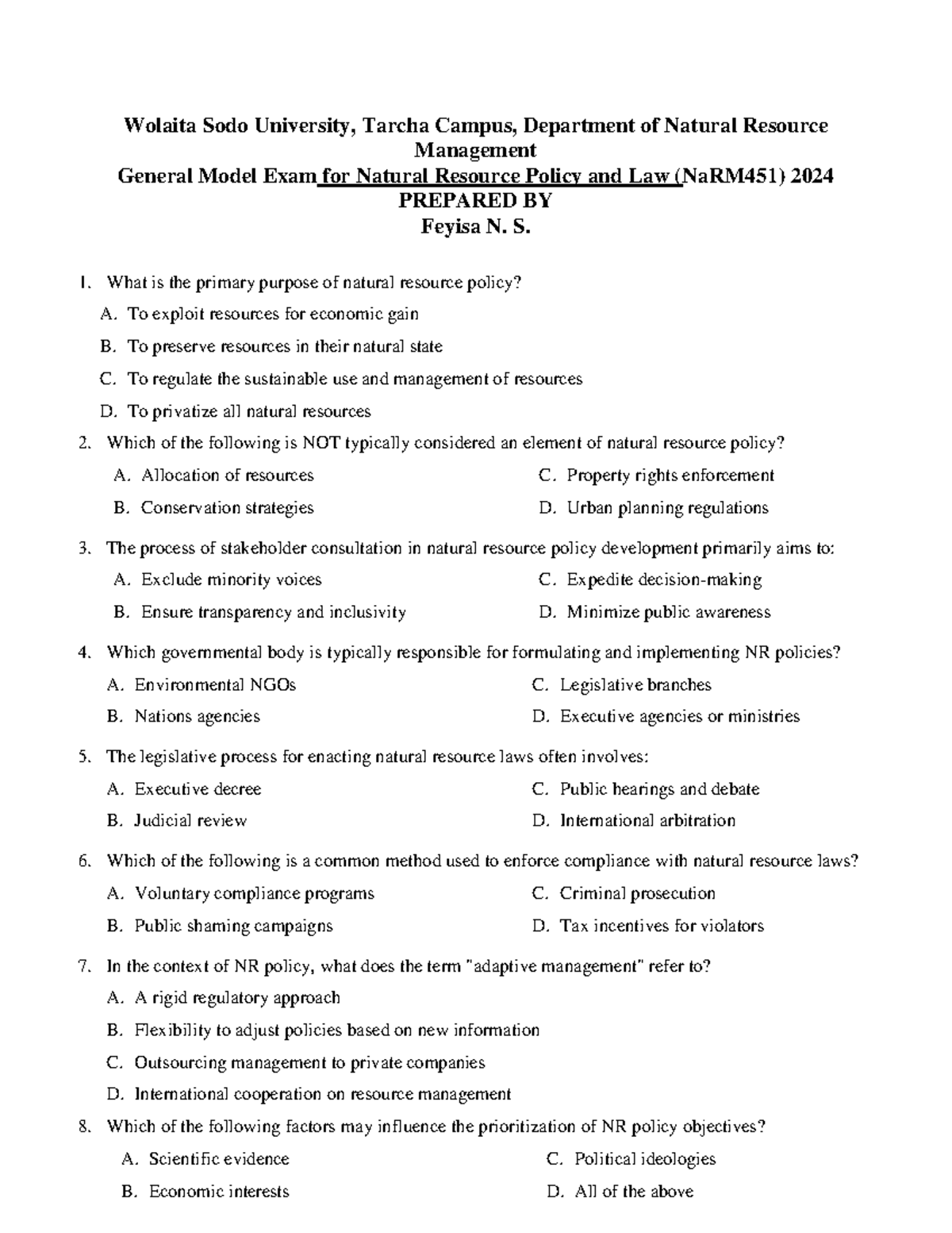 General Exam for NRPL (NRM 451) 2024 - Wolaita Sodo University, Tarcha ...