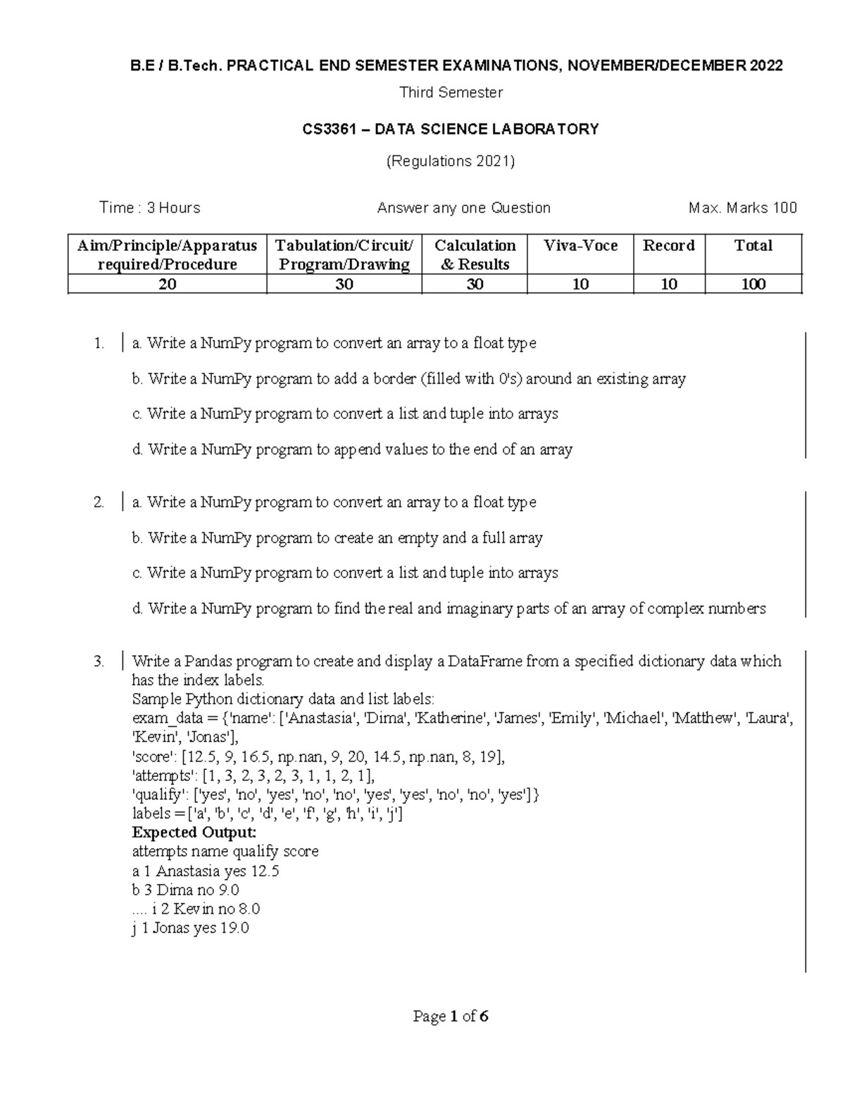 Data science lab qsns - Hi hello - B / B. PRACTICAL END SEMESTER EXAMINATIONS, NOVEMBER/DECEMBER ...
