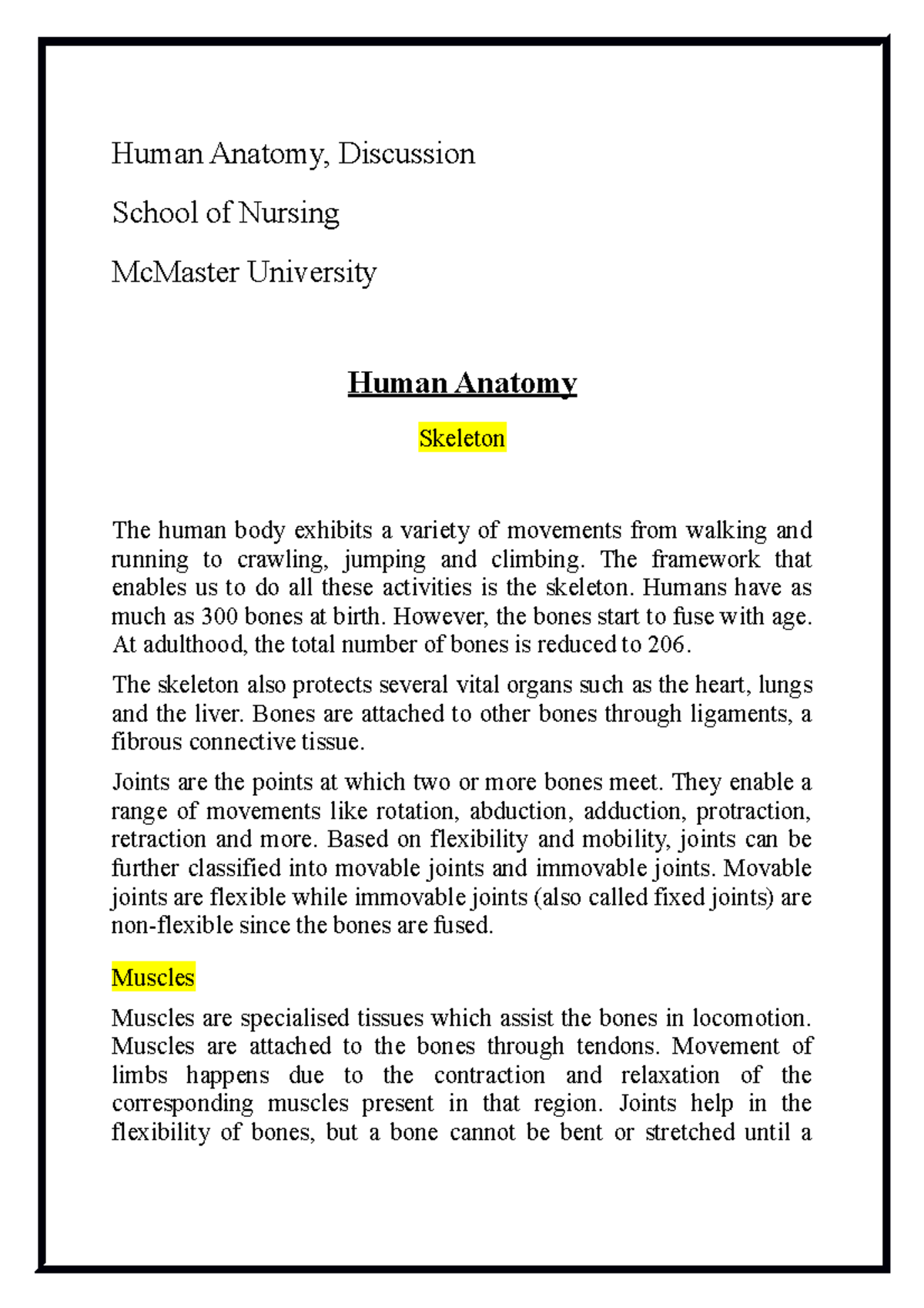 Human anatomy discussion - Human Anatomy, Discussion School of Nursing ...