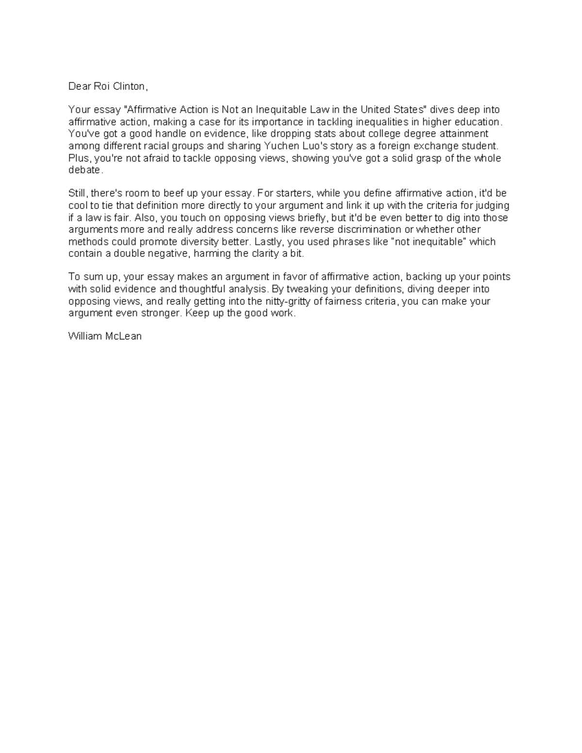 Eng peer review - please - Dear Roi Clinton, Your essay "Affirmative ...