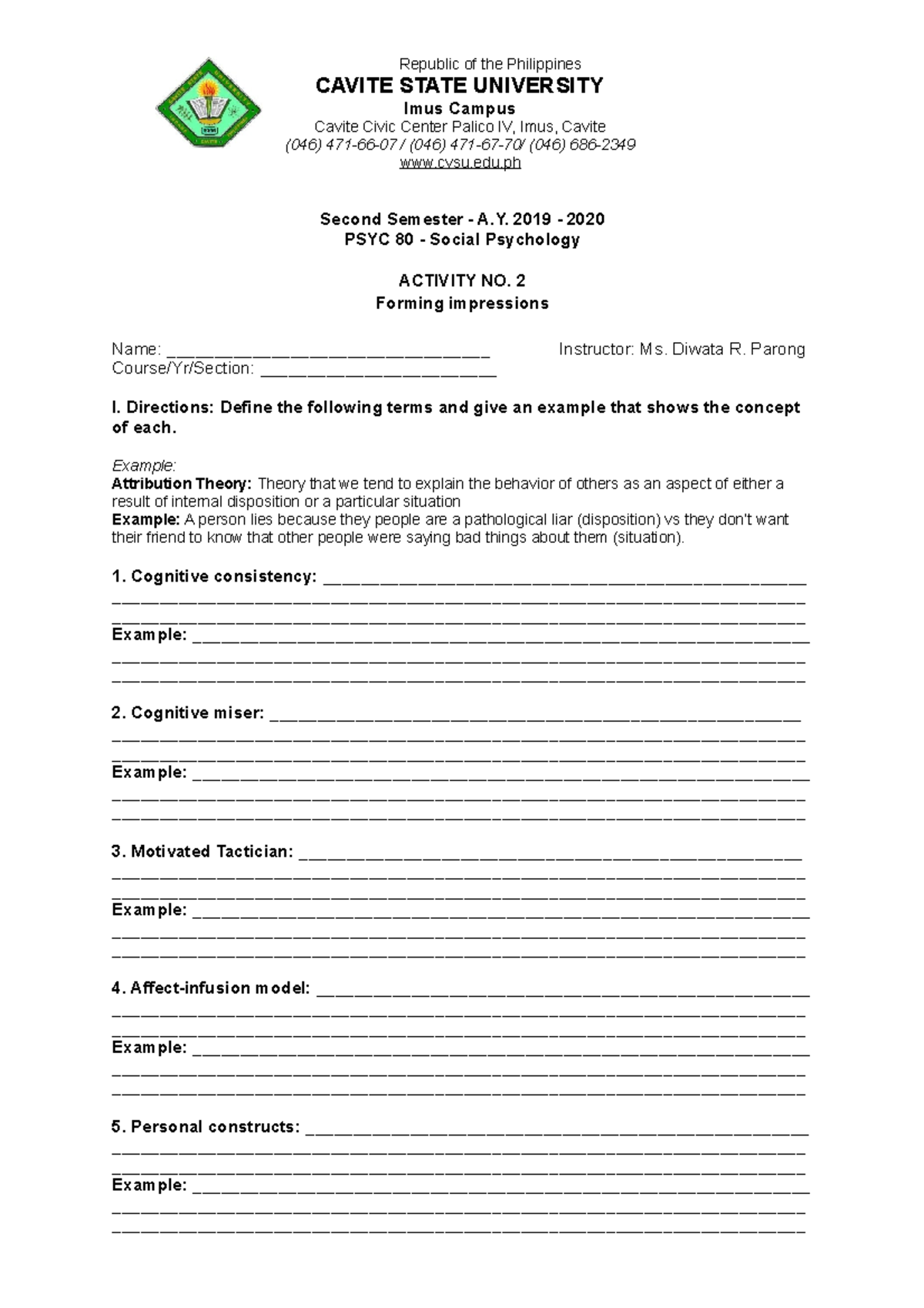 Social Psychology Activity 2 - BS Psychology - Studocu