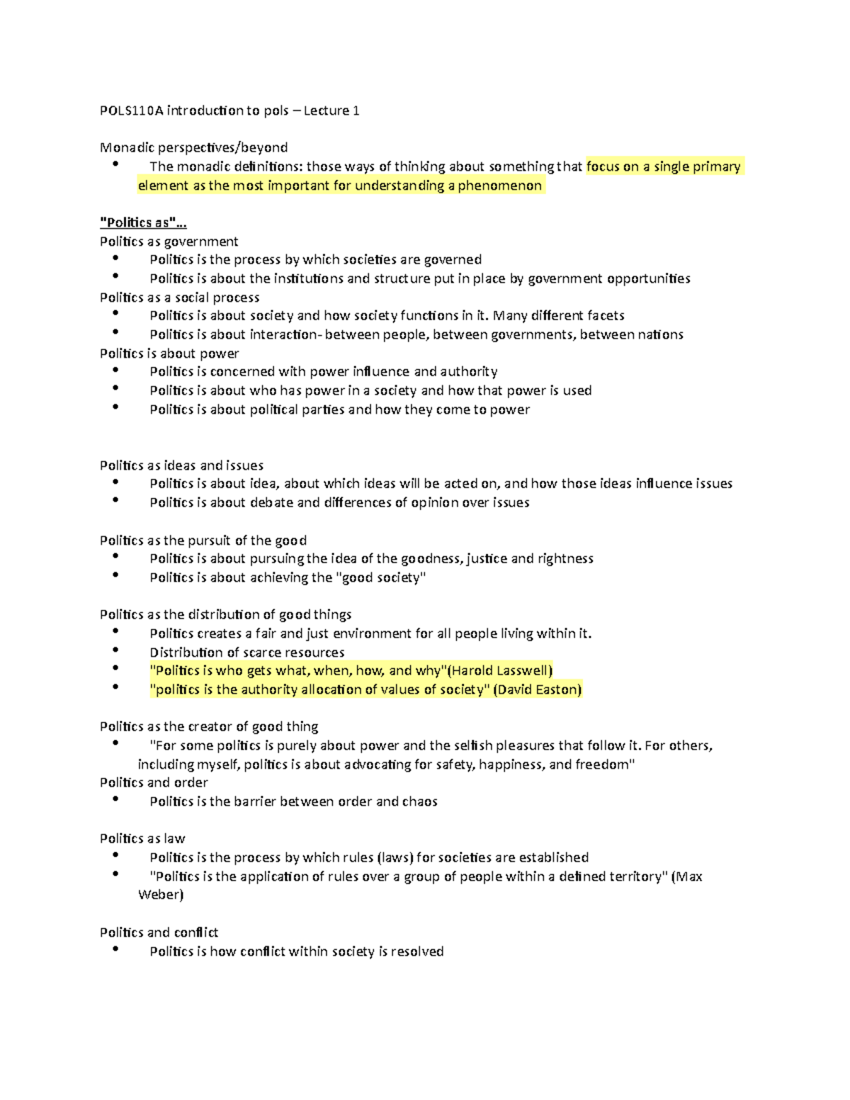 POLS110A introduction to pols - .. Politics as government Politics is ...